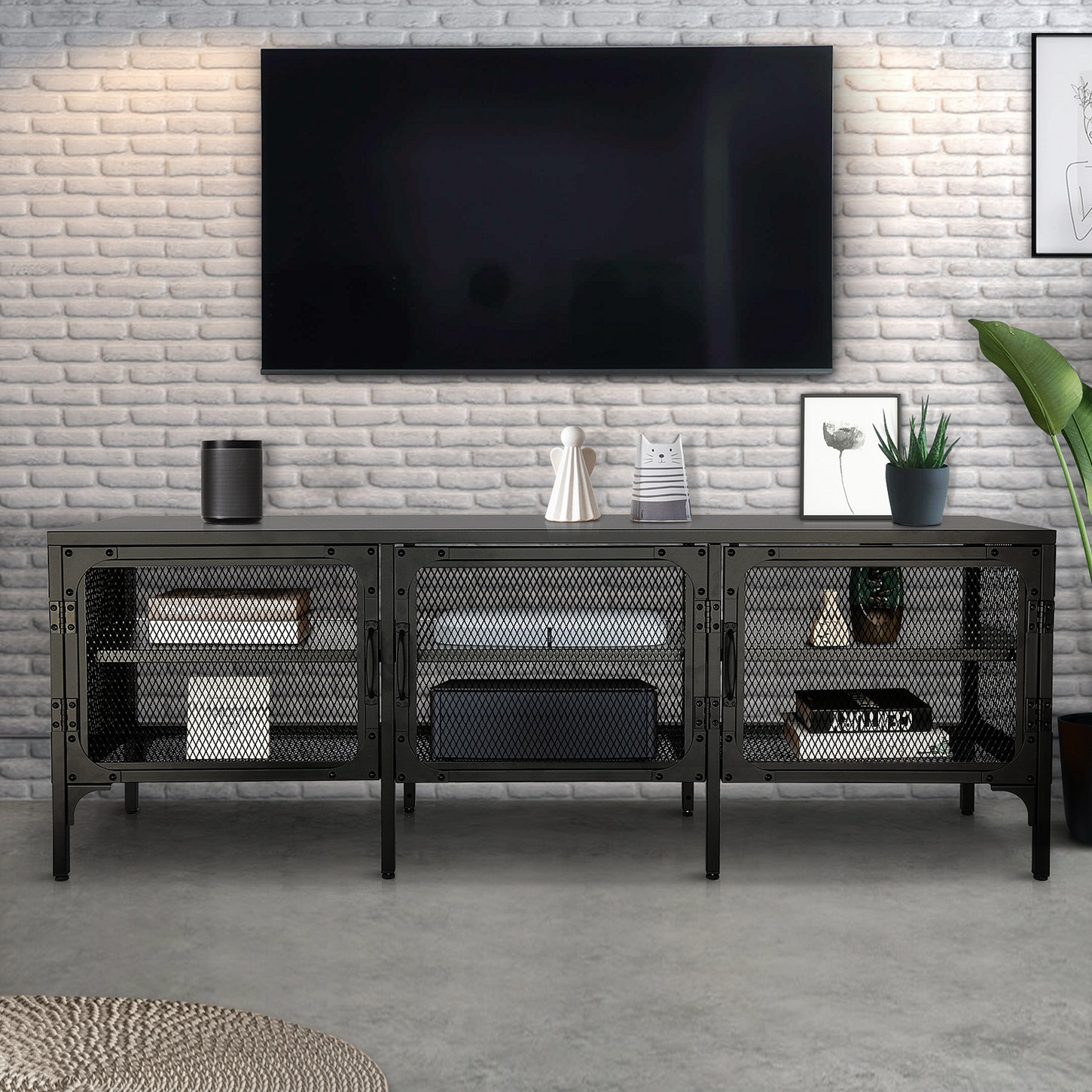 Red Barrel Studio® Tier Industrial Metal Tv Stand Inch Tv With Mesh ...