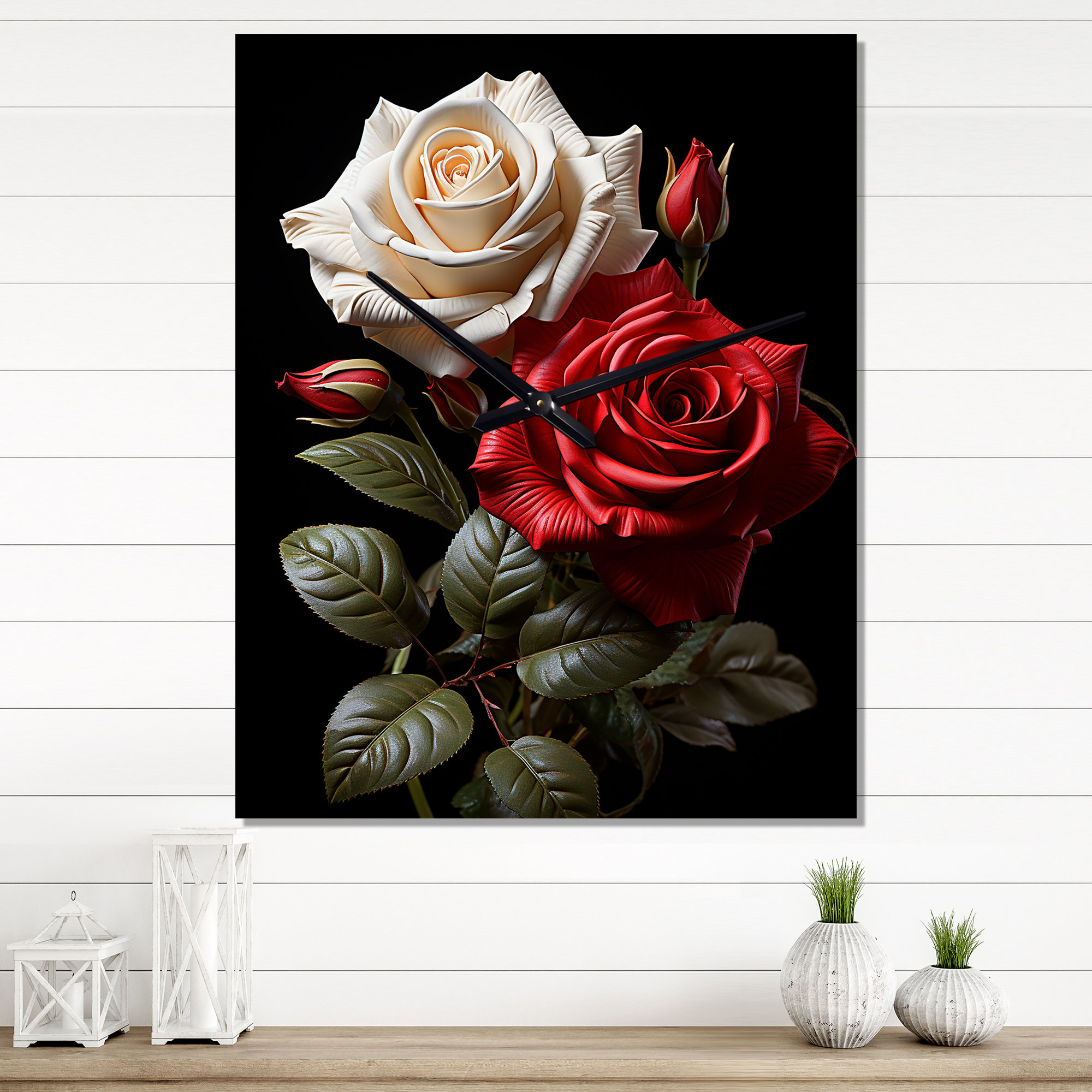 Design Art White Red Rose Eternal Love - Floral Very Large Wall Clocks ...