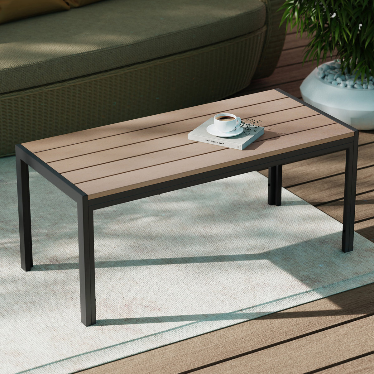 Ebern Designs Rectangle Patio Coffee Table, Outdoor Table with UV ...