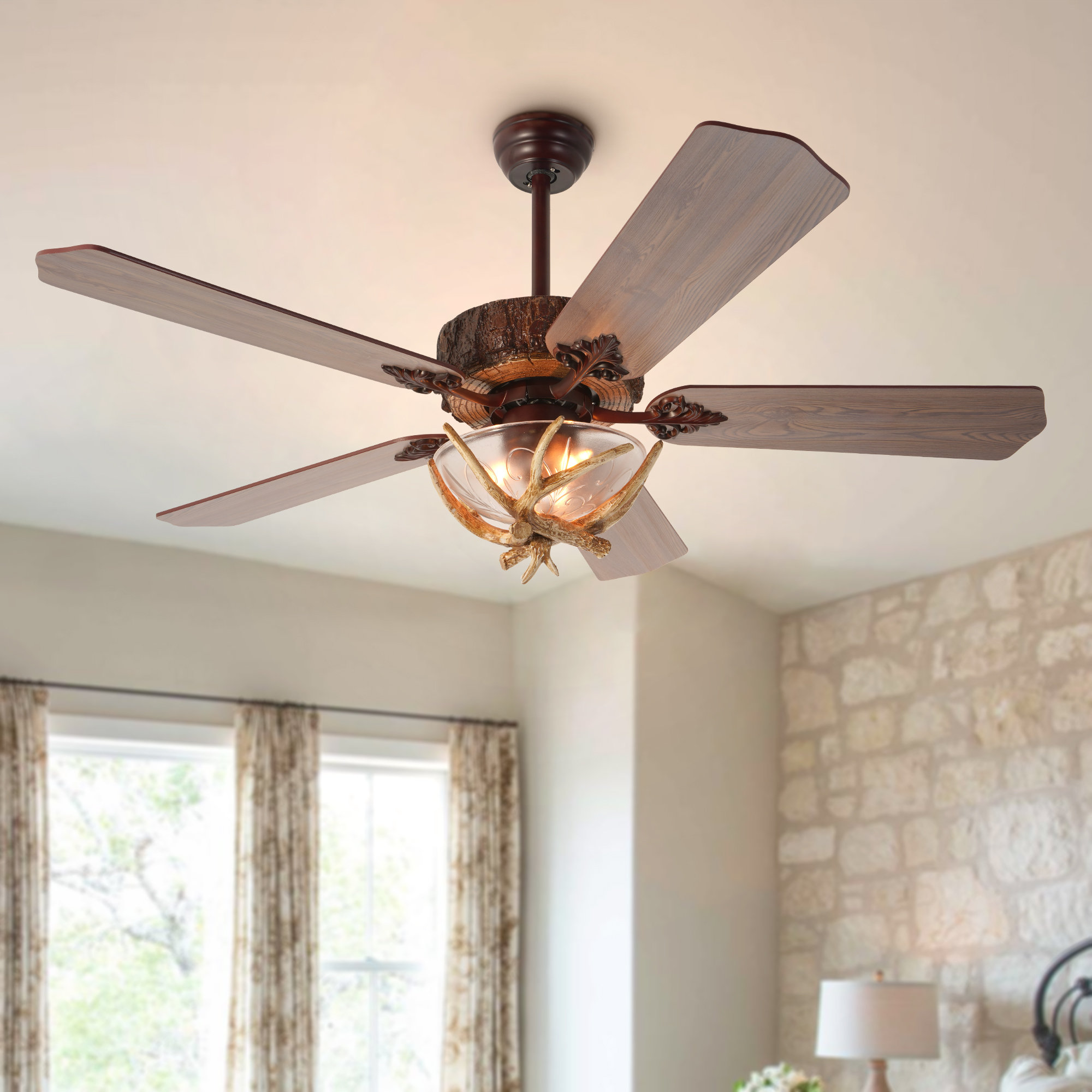 Union Rustic 52" Rustic Ceiling Fan With Remote Control, 6 Fan Speeds ...