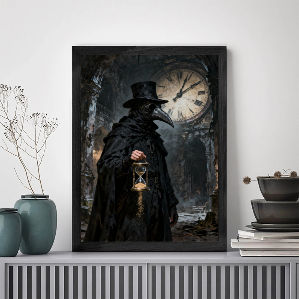 Ebern Designs Black Framed Vintage Mr. Crow holding an hourglass in the ...
