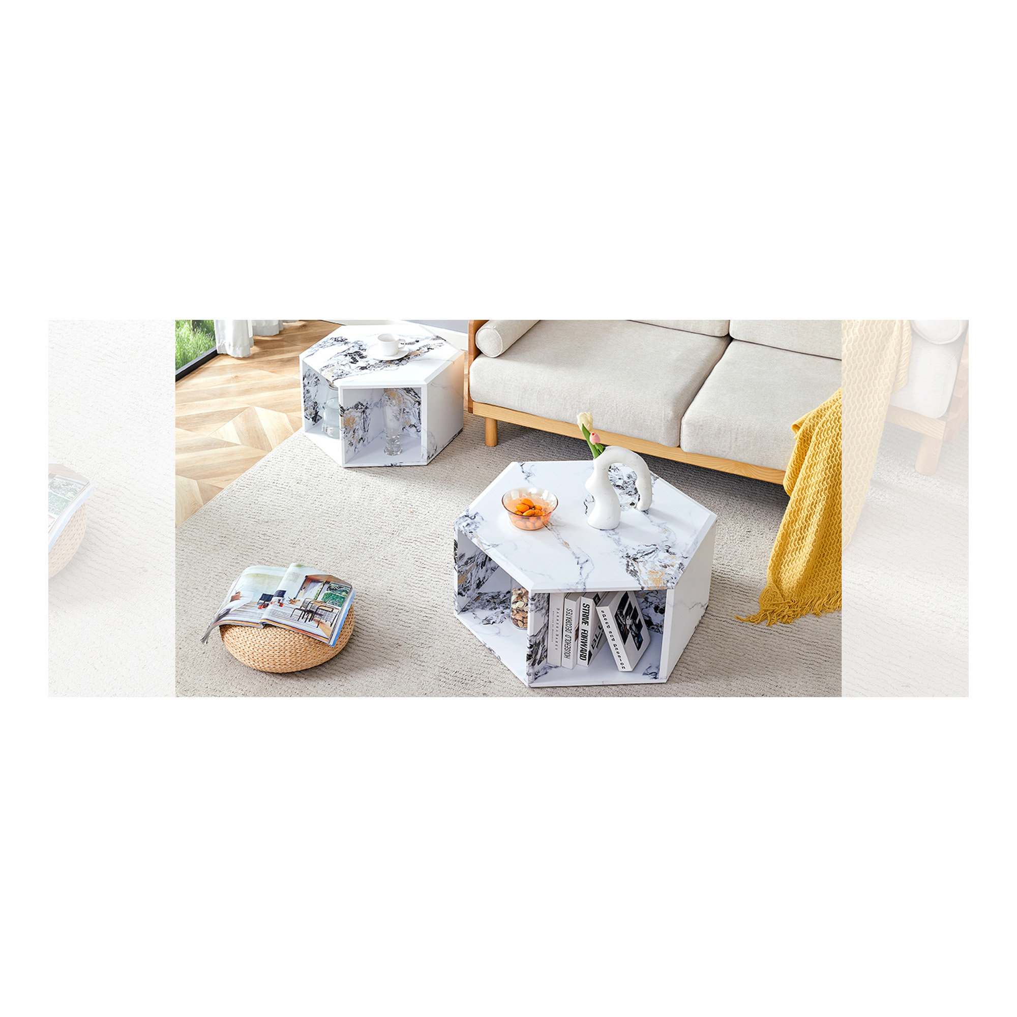 Ivy Bronx Minimalist White Patterns Hexagonal Coffee Table Set ...