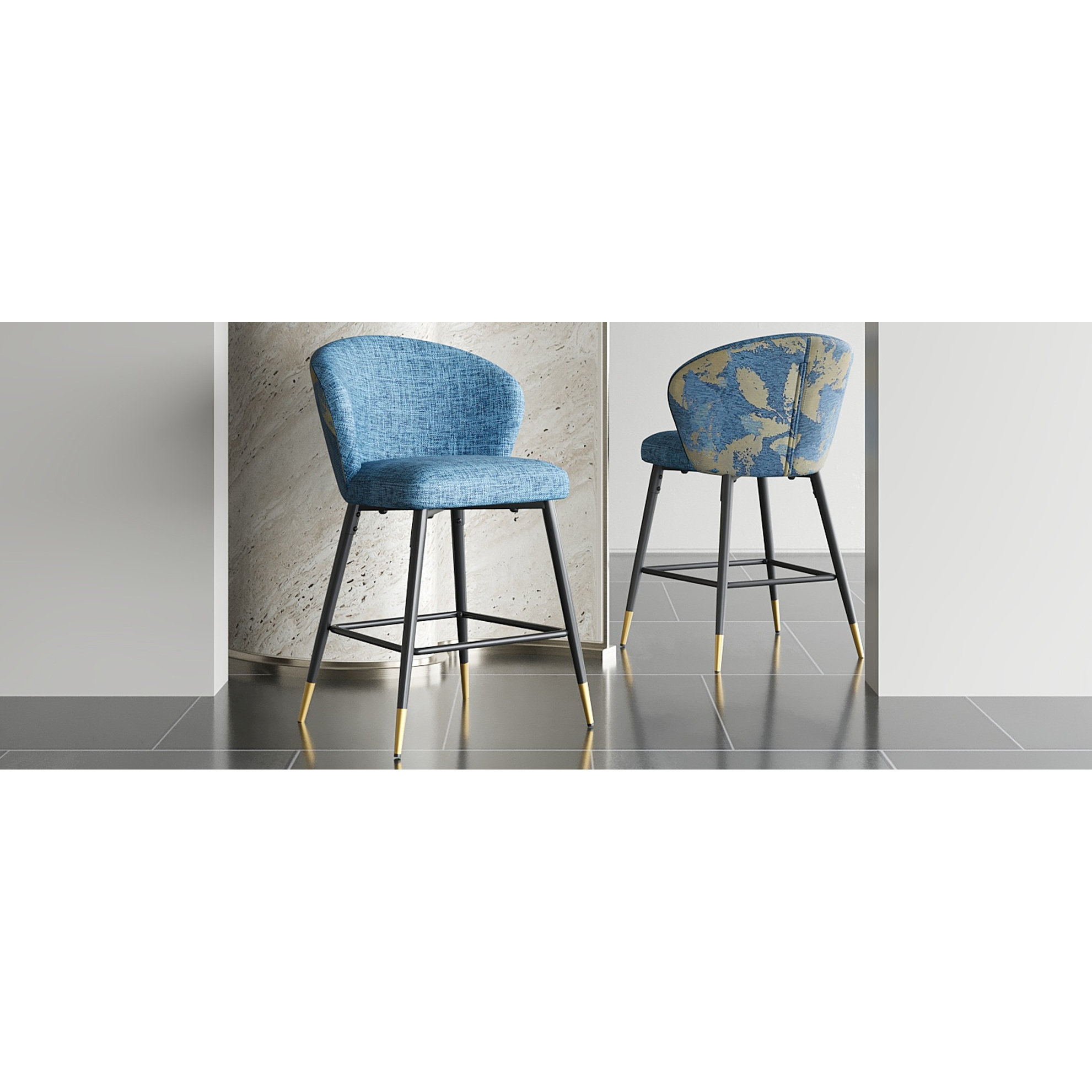George Oliver Counter Height Bar Stools, Upholstered In Blue, Metal ...