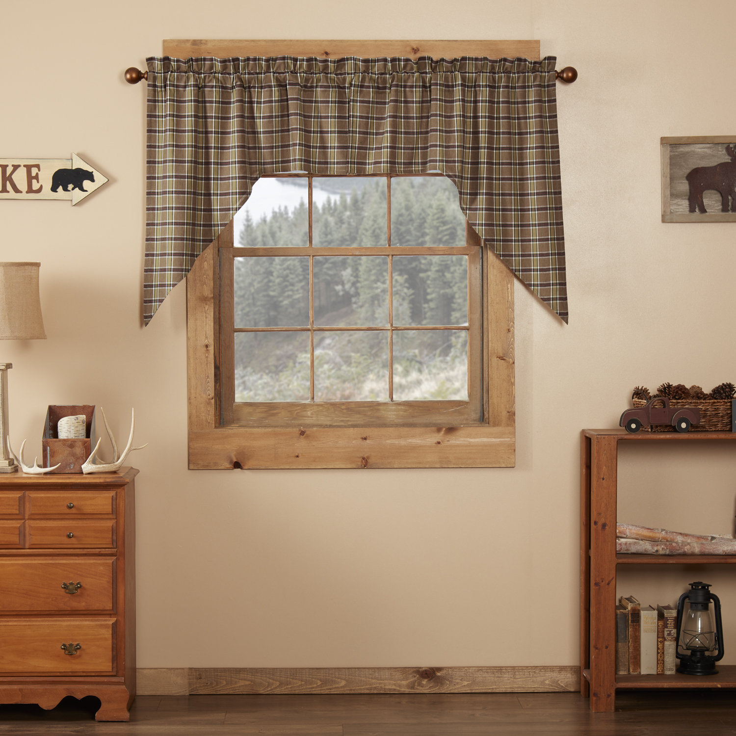 VHC Brands Wyatt Plaid Cotton Swag 72" Window Valance in Khaki/Raven ...