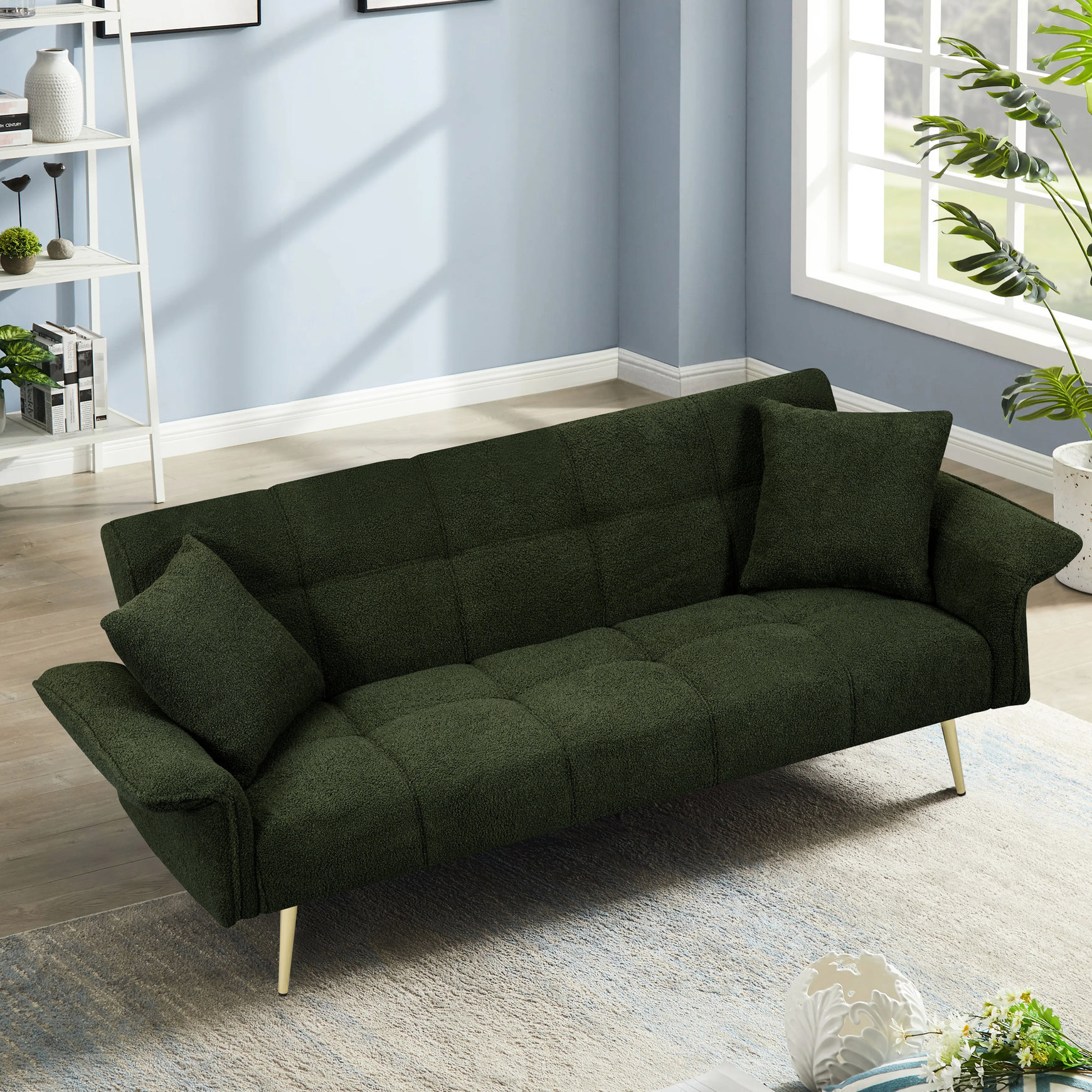 Ebern Designs Velvet Futon For Primary Living Space - Eucalyptus Wood ...