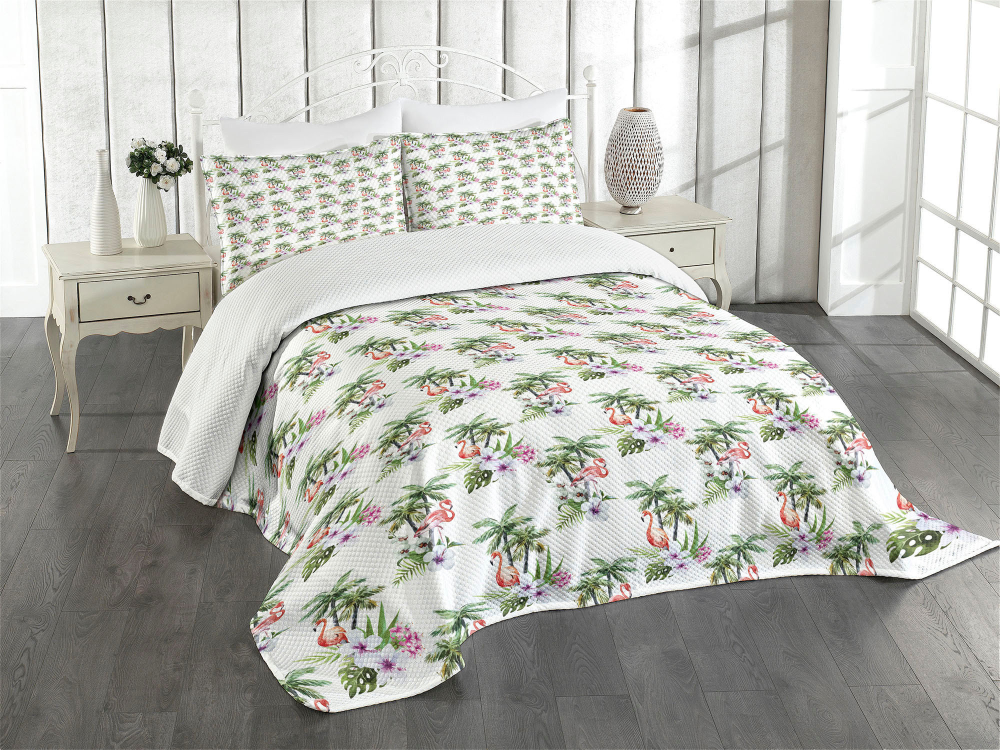 Ambesonne Palm Tree Bedspread Set Flamingo Hibiscus Art Multicolor ...