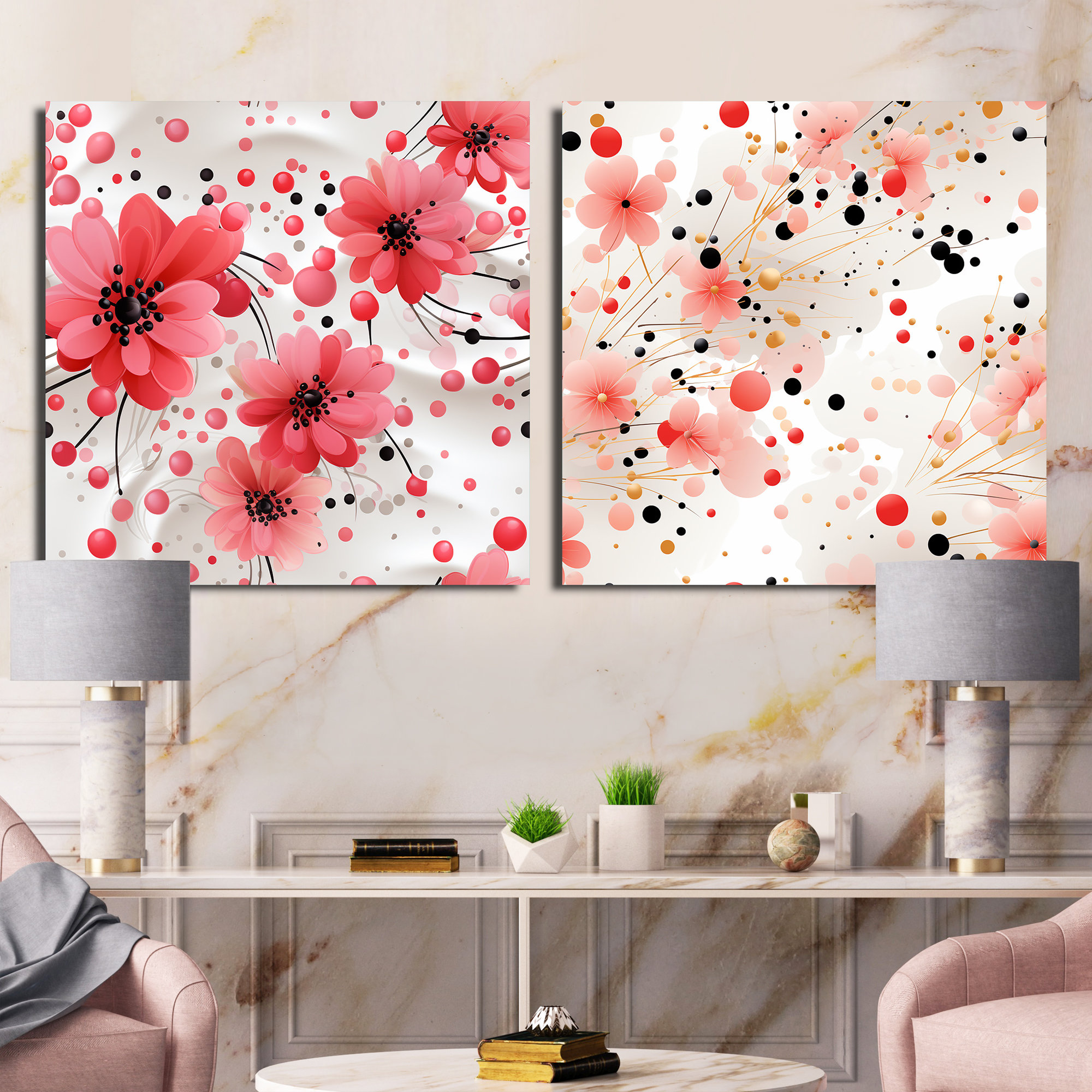 Design Art Pink Poka Dota And Flower Harmony - Abstract Botanicals ...