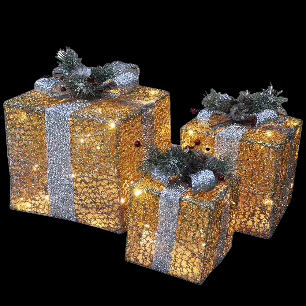 The Holiday Aisle® 3 Piece Fabric Gift Boxes Lighted Display Set ...