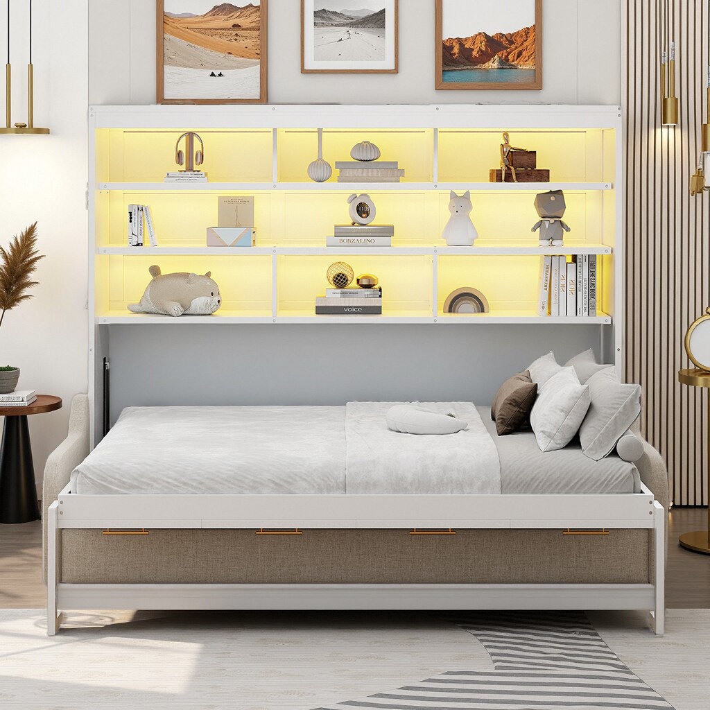 Orren Ellis Murphy Cabinet Bed with Folding Sofa - Beige Space-Saving Wall Bed with Built-in ...