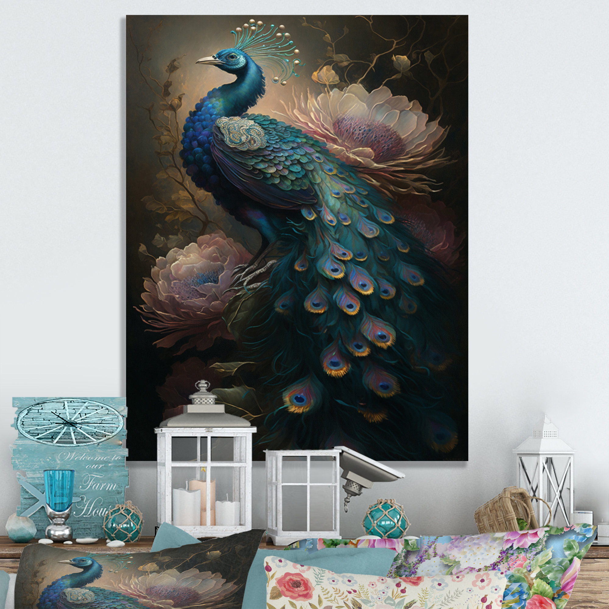 Bungalow Rose Peacock With Flowers - Peacock Canvas Print & Reviews ...