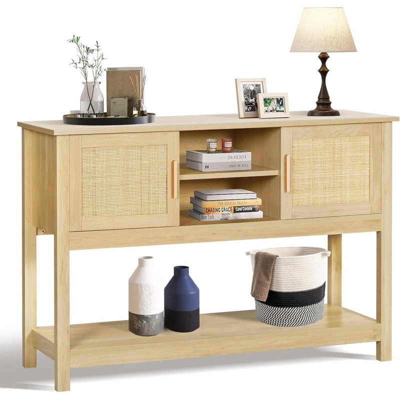 Bay Isle Home™ 47" Rattan Console Table With 2 Door Cabinets | Wayfair