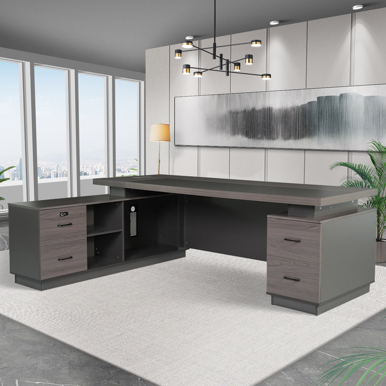 Ivy Bronx Nafis Grey L-shaped office computer desk with two lockers ...