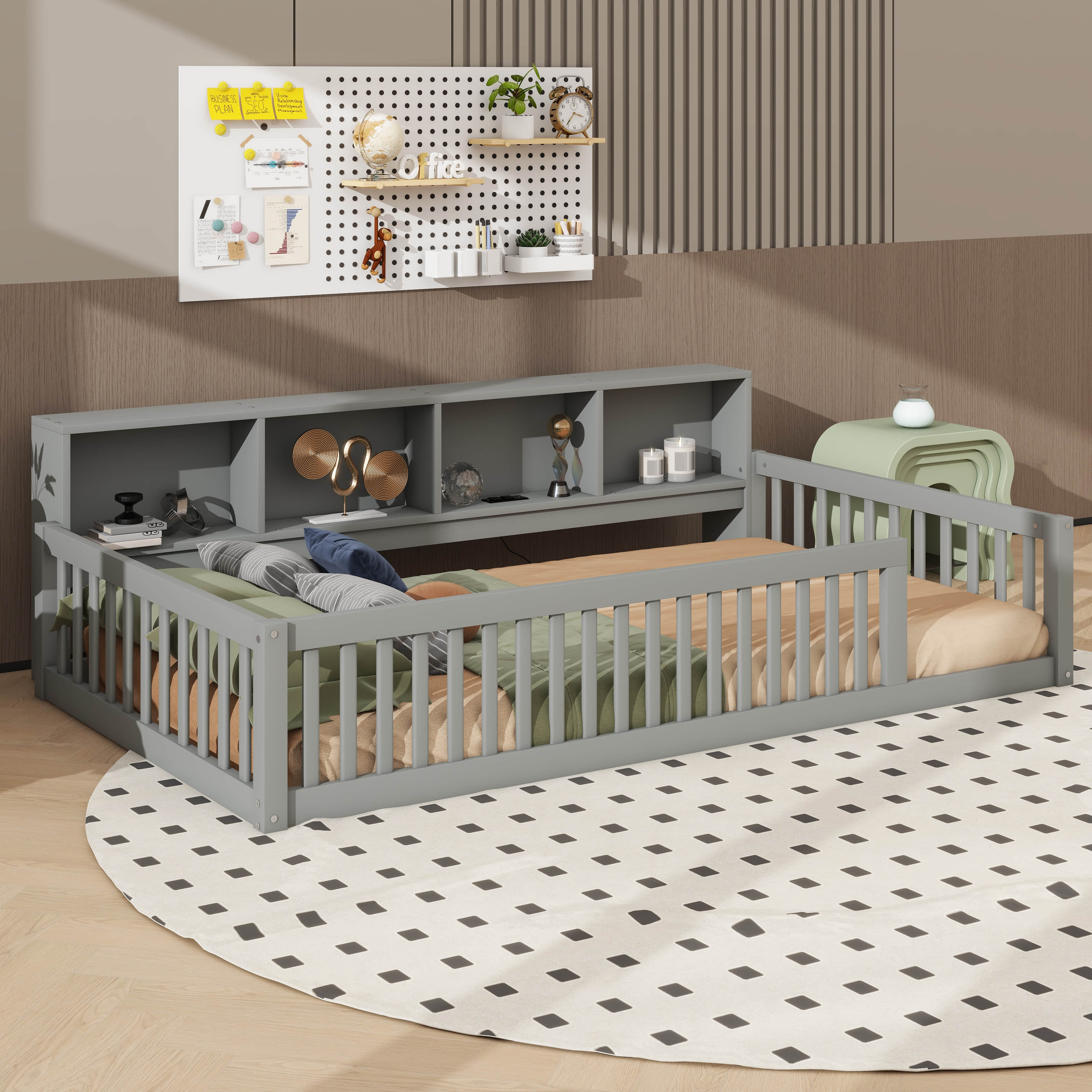 Winston Porter Wooden Floor Bed With Storage Cabinets And Convenient ...
