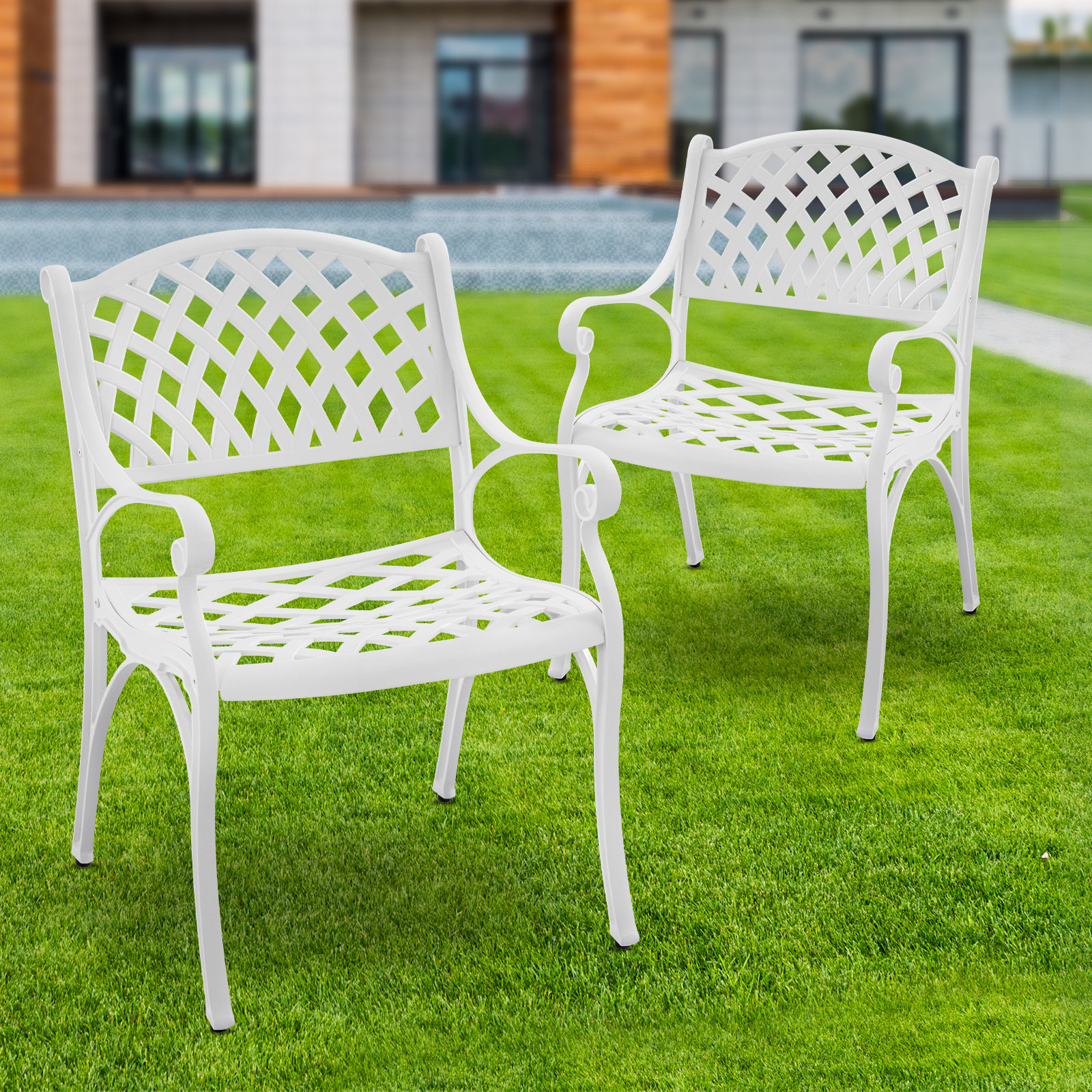 Lark Manor™ White Outdoor Patio Chairs Set 2 Cast Aluminum Patio Dining ...