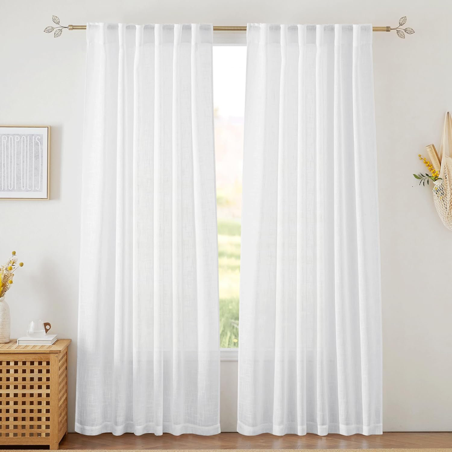 Ebern Designs White Sheer Curtains Linen Texture Window Panels Semi ...