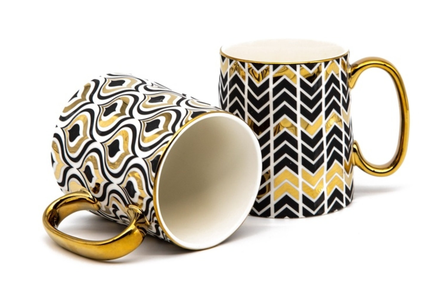 kook Coffee Mug Set, Curved Geometric Design, Black And Gold, Set Of 2 ...
