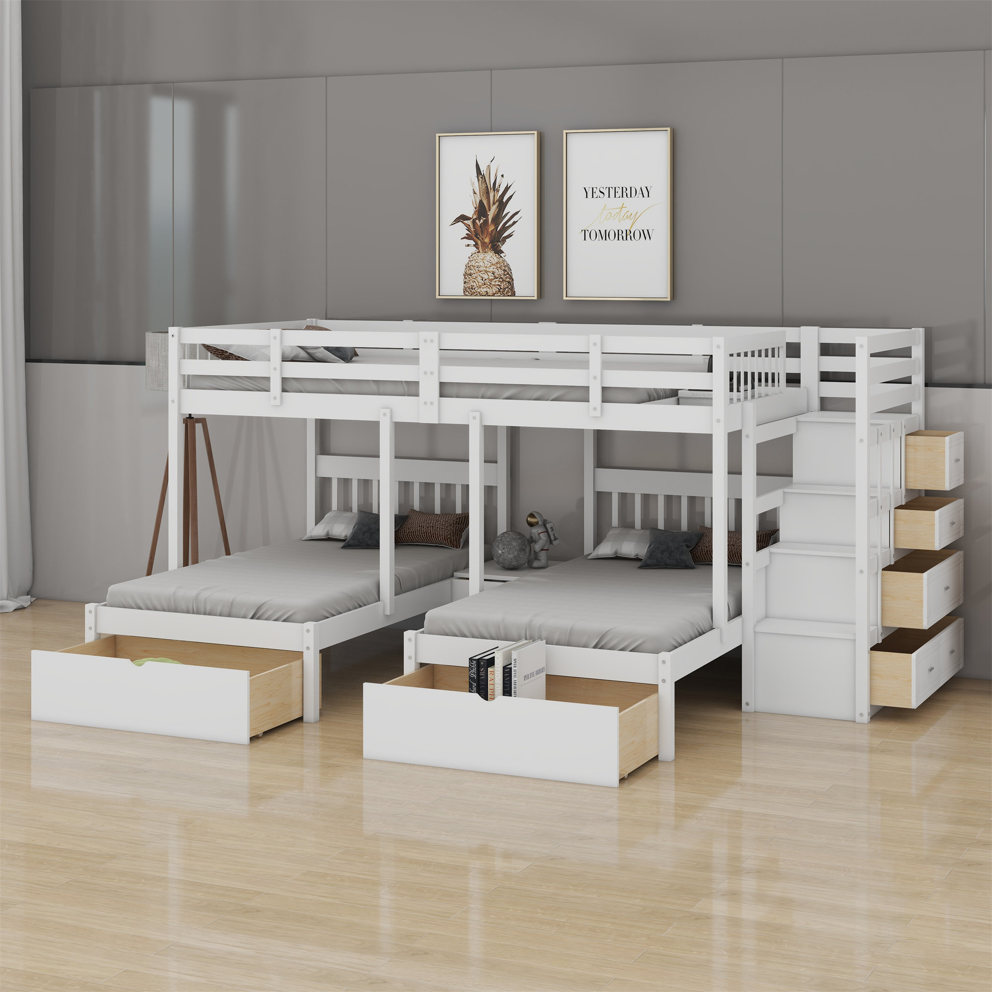 Harriet Bee Wood Triple Bunk Bed With Drawers And Guardrails | Wayfair