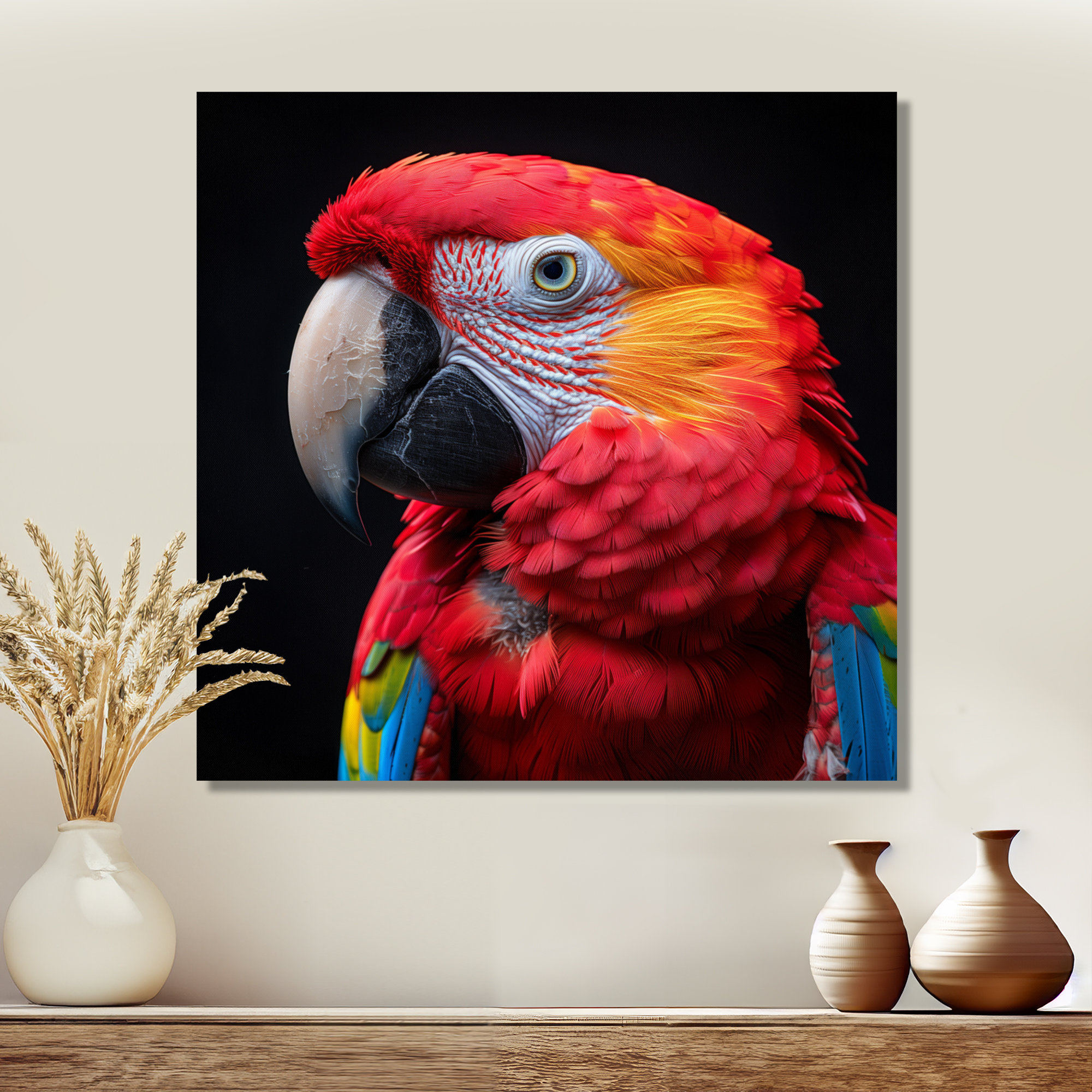 Bay Isle Home™ Red And Orange Parrot Portrait On Black - Parrot Wall ...