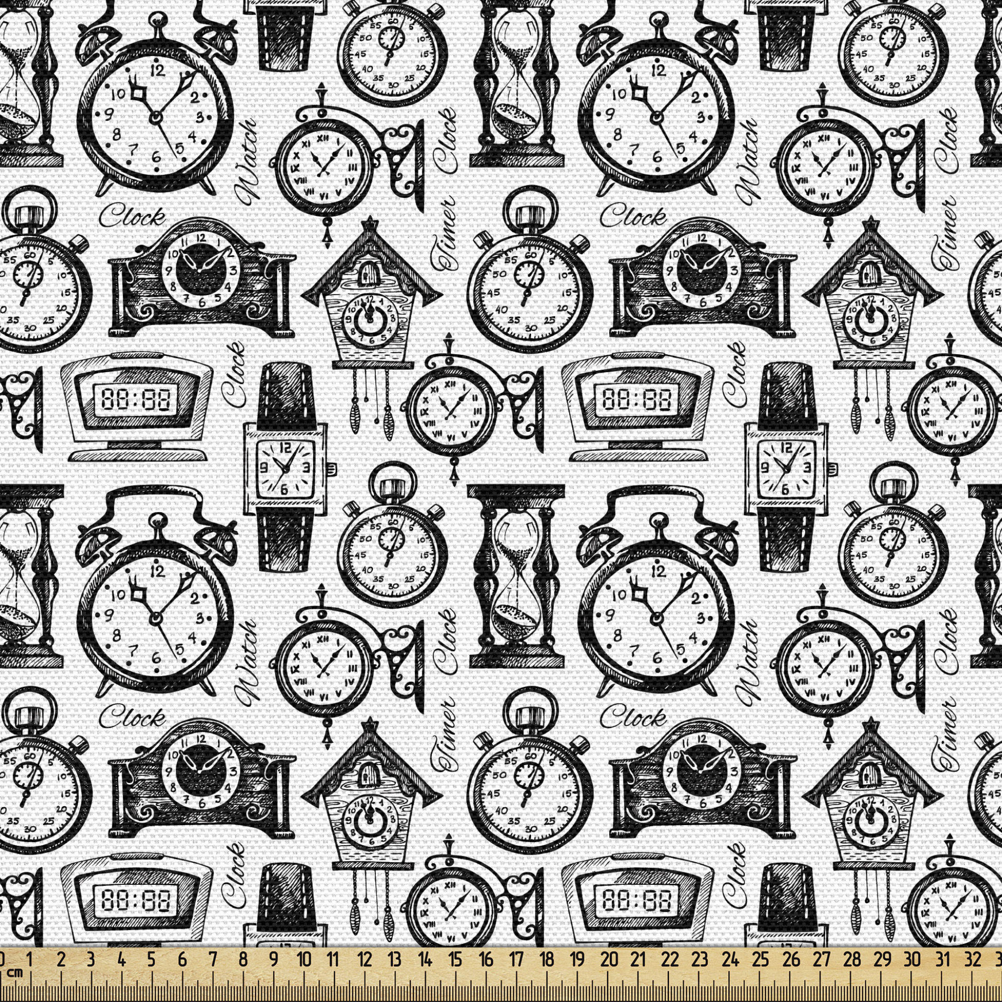 East Urban Home fab_22806_Clock Fabric By The Yard, Hand Drawn Clocks And Watches Illustration ...