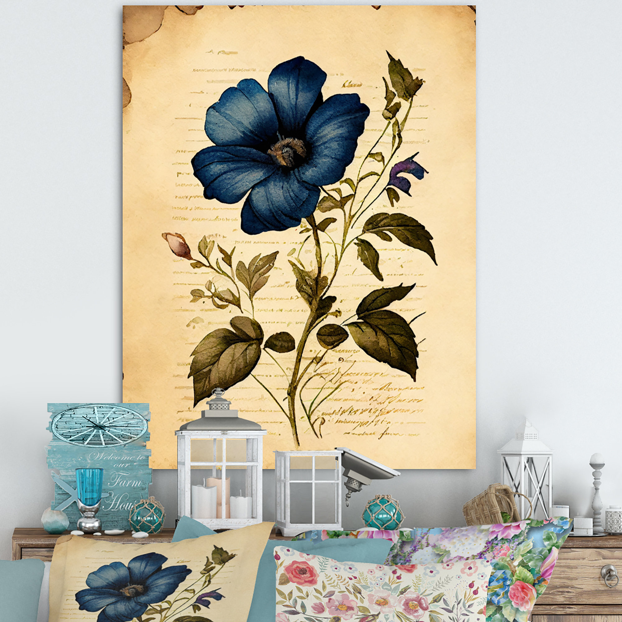 Red Barrel Studio® Blossoming Blue Retro Flower I - Print on Canvas ...