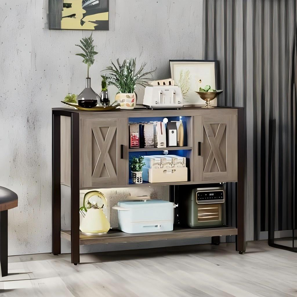 Gracie Oaks Sideboard Buffet Cabinet With LED Light & Charging Station ...