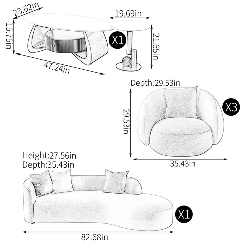 ANCOREY Modern curved sofa tea table combination | Wayfair