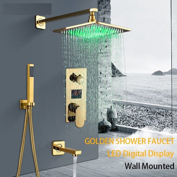Juno Showers Juno New 12" Rainfall Brushed Gold Square Bathroom Shower ...