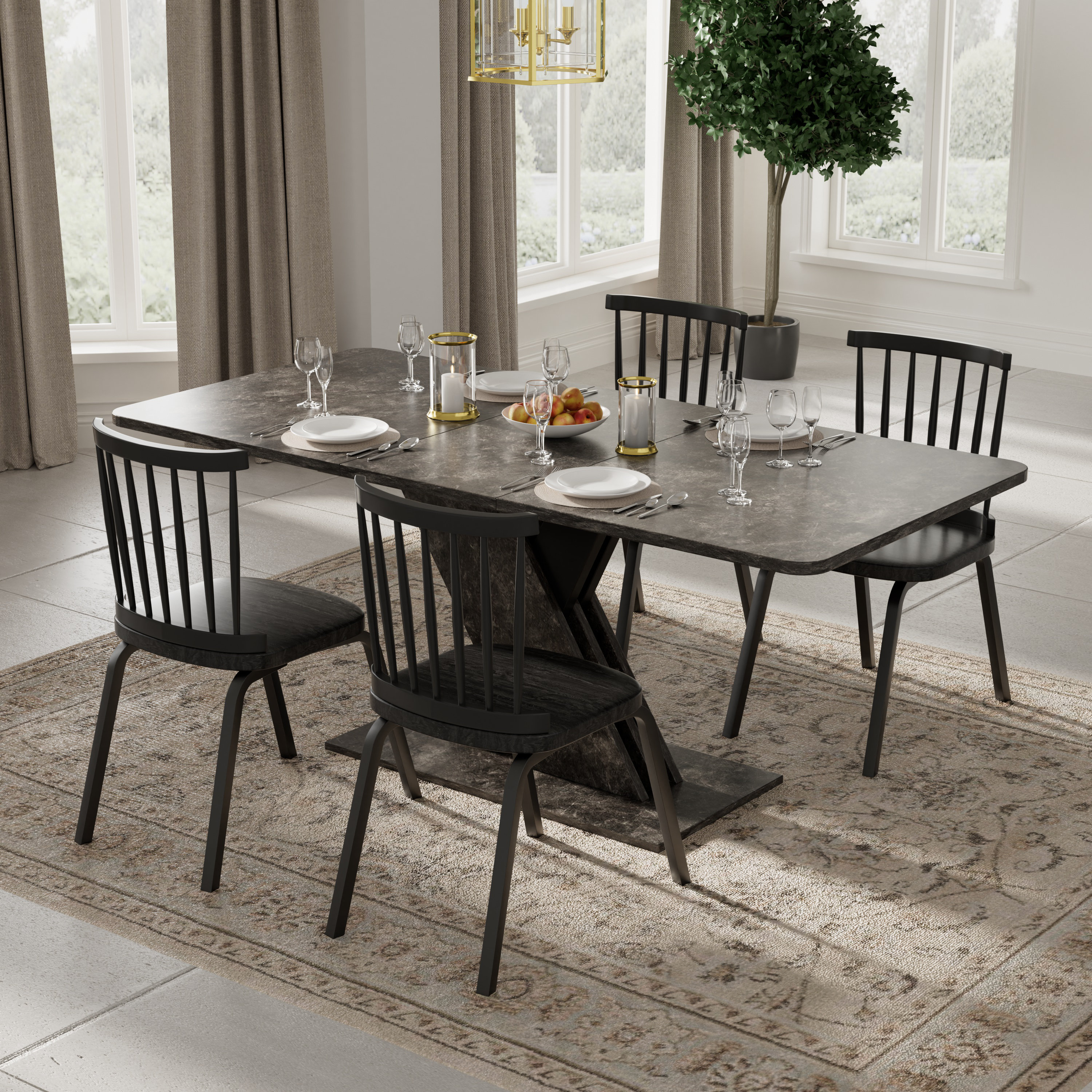 Latitude Run® Farmhouse Expandable Rectangular Dining Set with Mid-century Windsor Chair Set ...