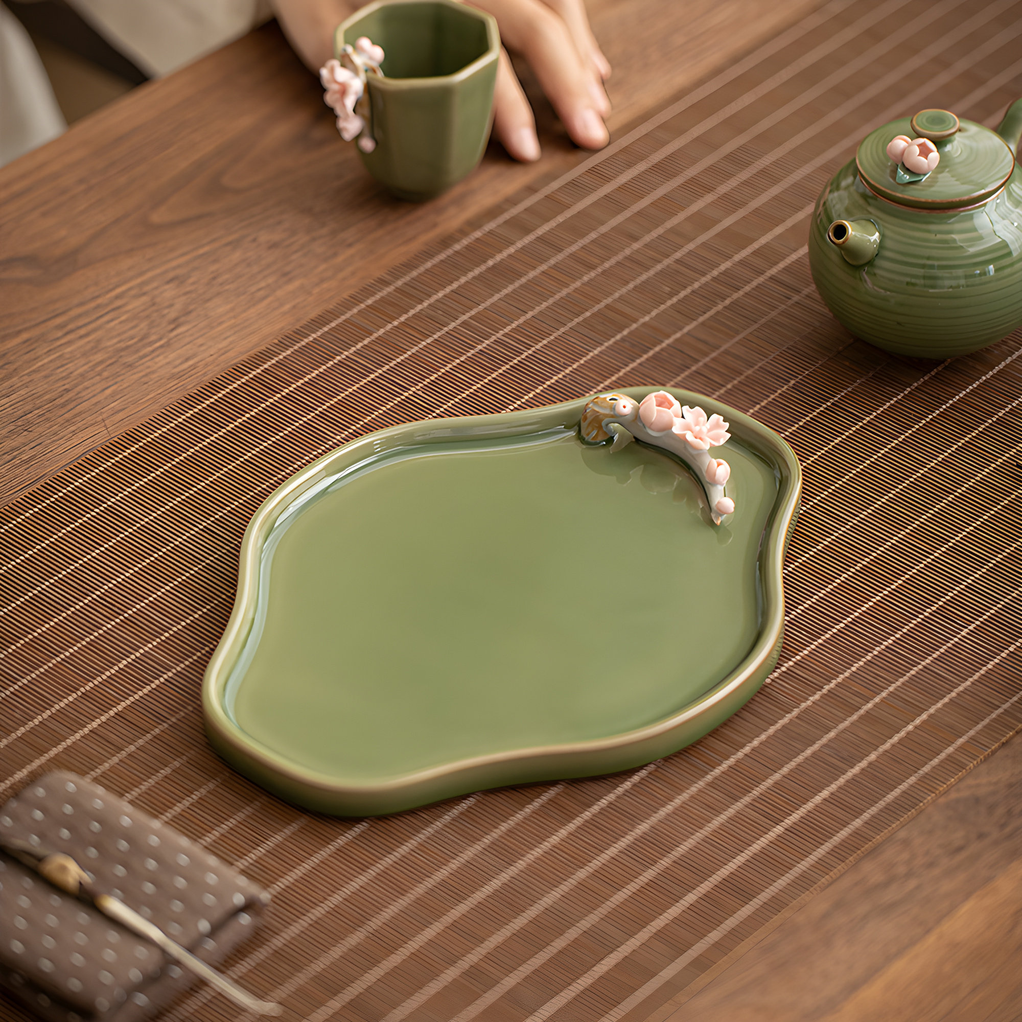 Latitude Run® Handmade Flower Ceramic Tea Tray | Retro Green Bamboo ...