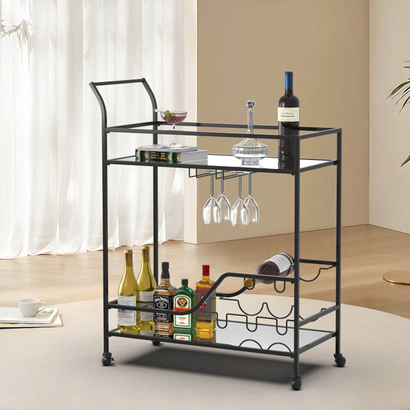 Wrought Studio™ Konni Metal Bar Cart with Mirrored Shelves | Wayfair