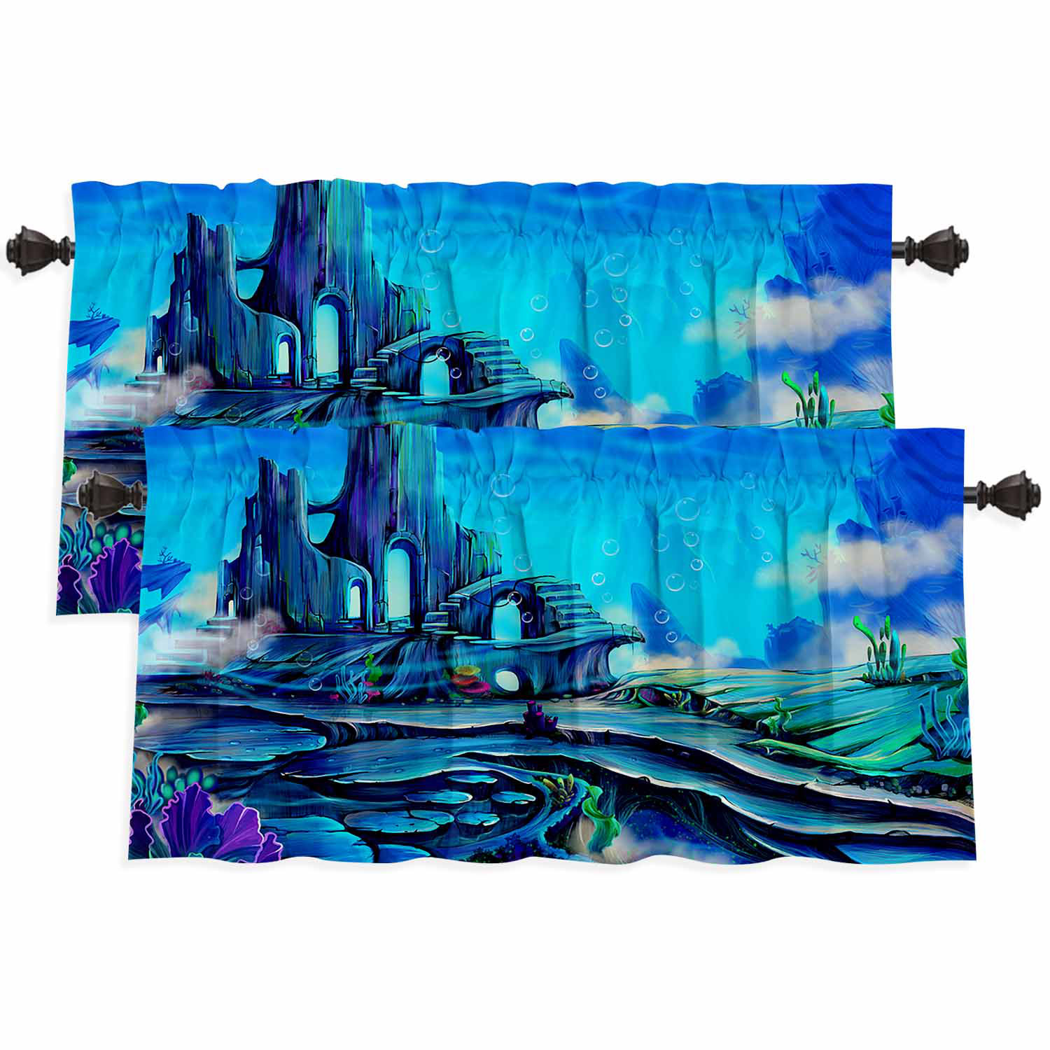 Bungalow Rose Blue 52"W Cartoon of Underwater World Ocean Coral Window ...