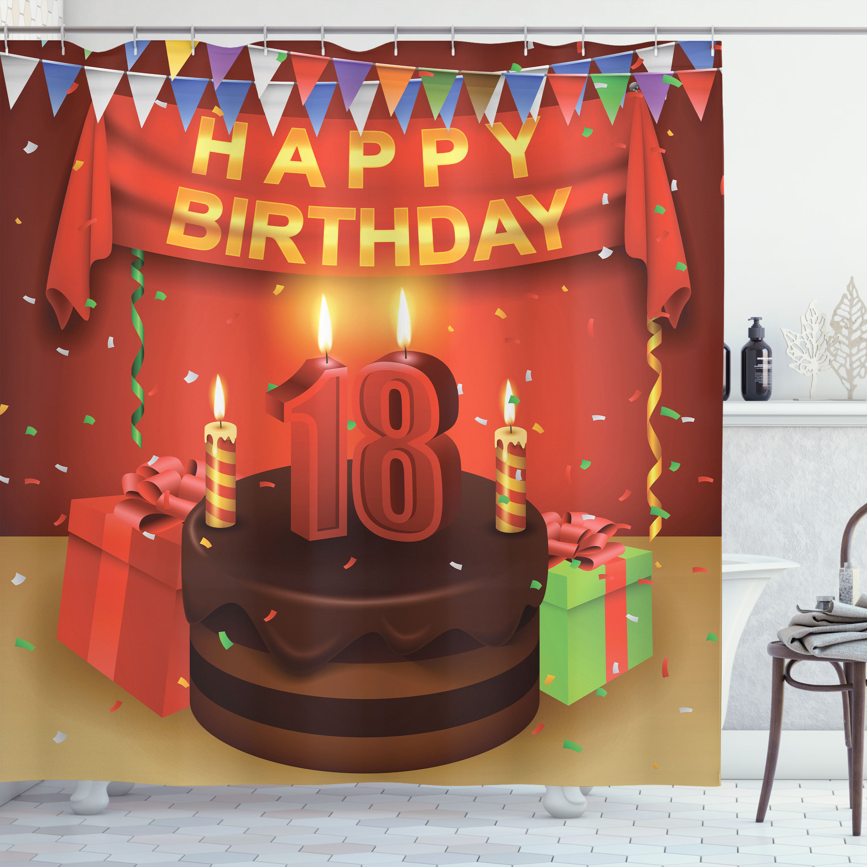 Latitude Run® Burgundy Shower Curtain Happy Birthday Cake 33334 | Wayfair