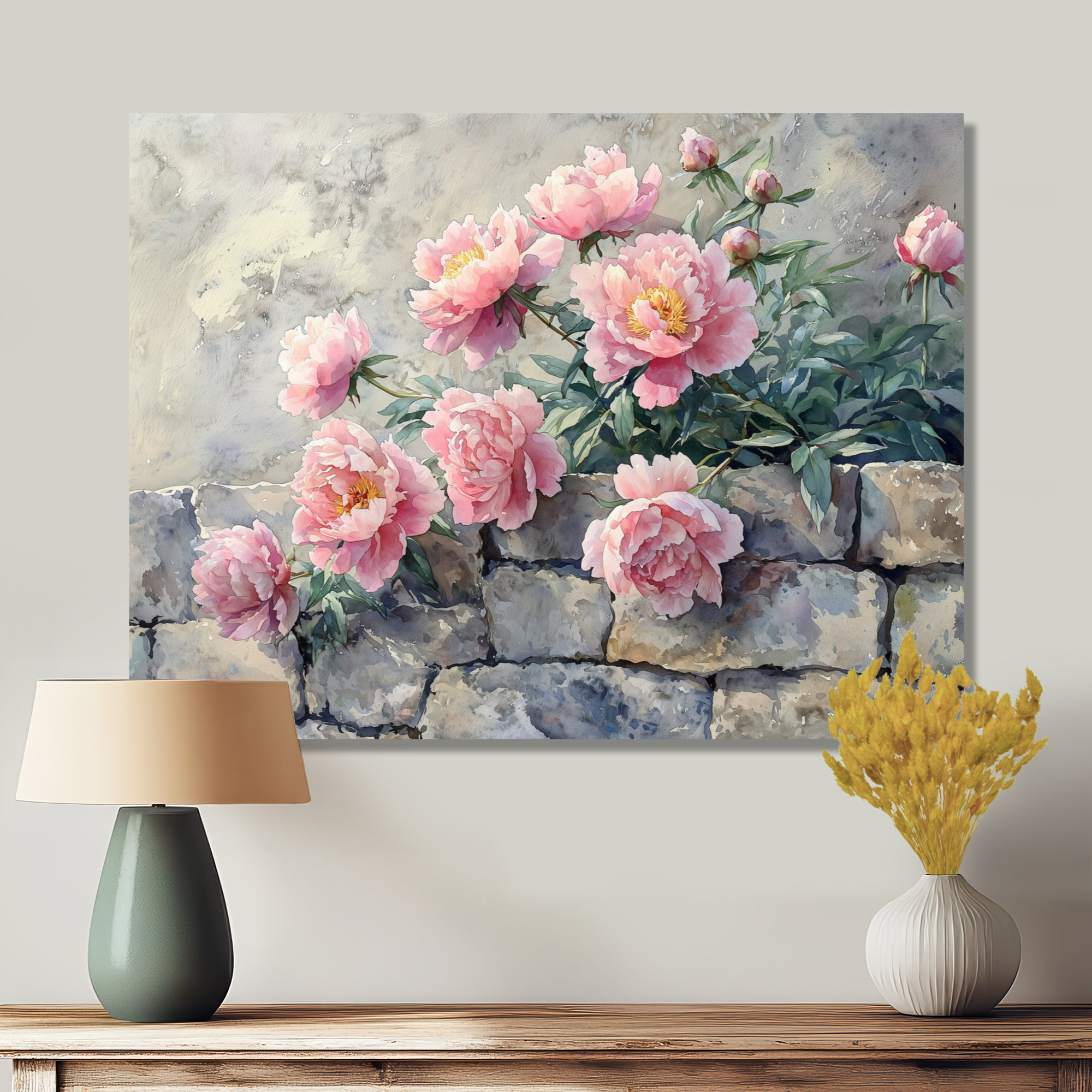 Latitude Run® Peonies Along The Stone Wall - Traditional Metal Art Print, Peonies Metal Wall Art ...