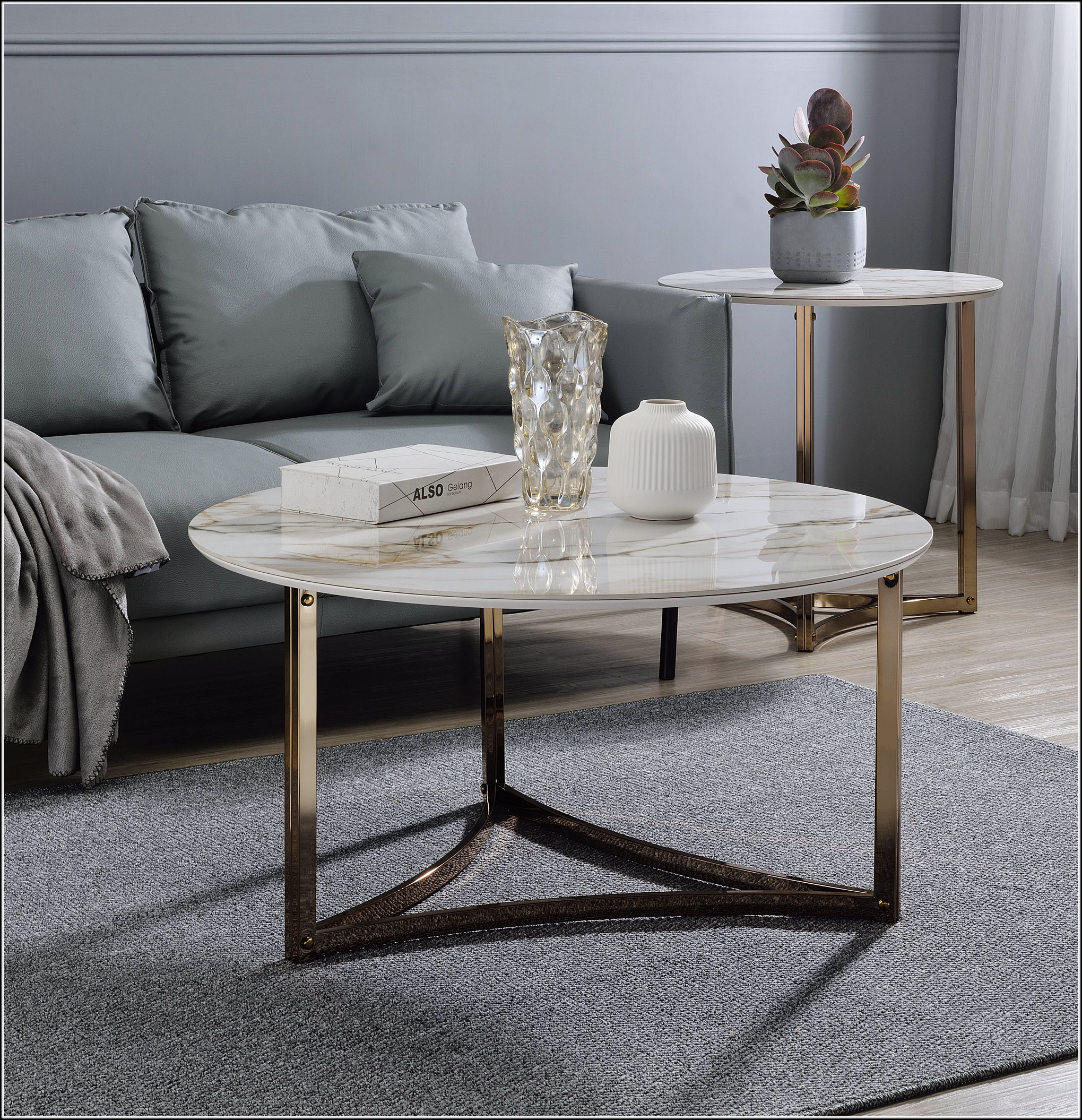 Mercer41 Aziz Coffee Table, Sintered Stone Top & Champagne Finish Round ...