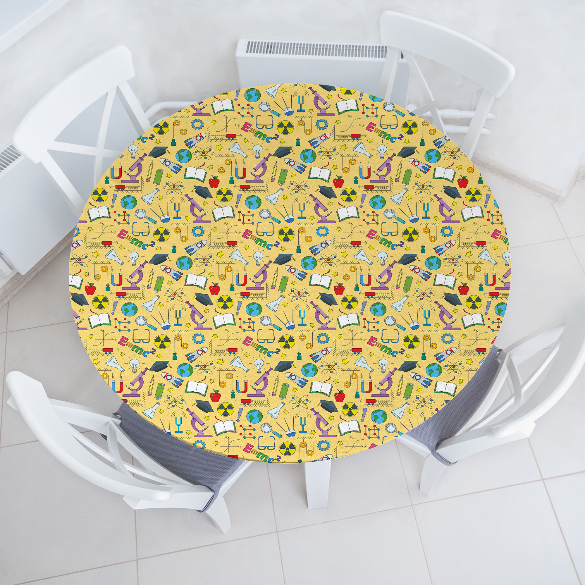 Ebern Designs Science Party Fitted Round Tablecloth Mustard Multicolor ...
