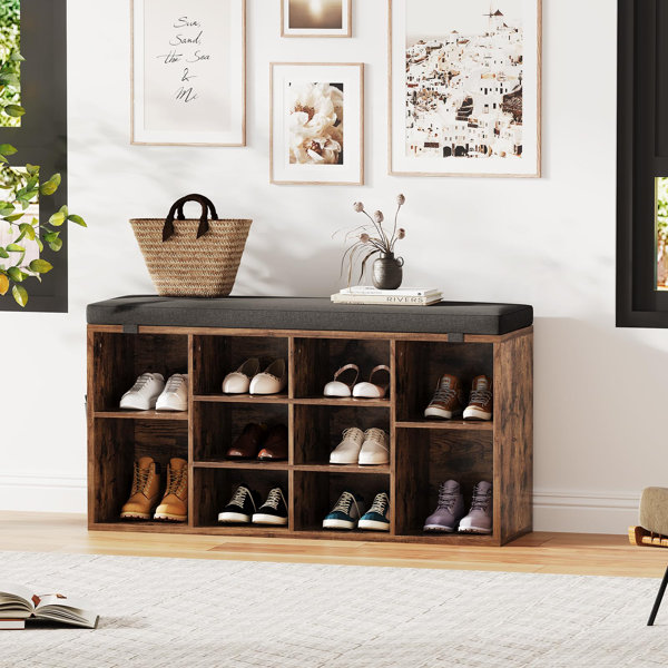 17 Stories 41 Inches Shoe Bench With Cushion, Shoe Rack Bench, Ten ...