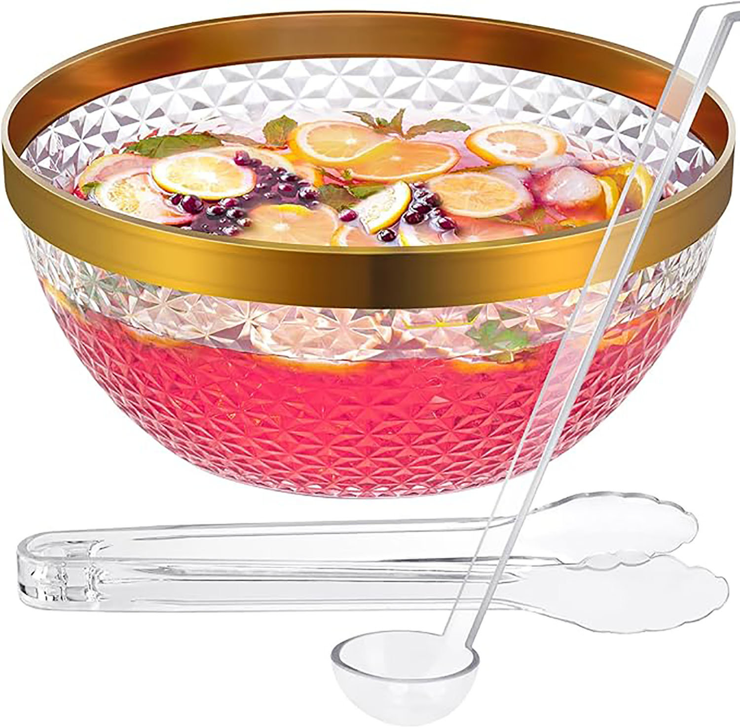 Latitude Run® Gold Trim Clear Plastic Punch Bowl With Ladle And Tong ...
