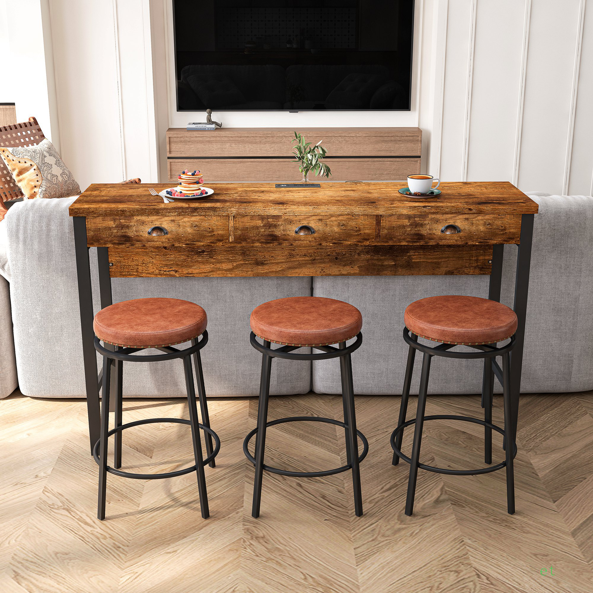 17 Stories 3-Drawer Long Dining Table Set With Power Outlets, Bar ...