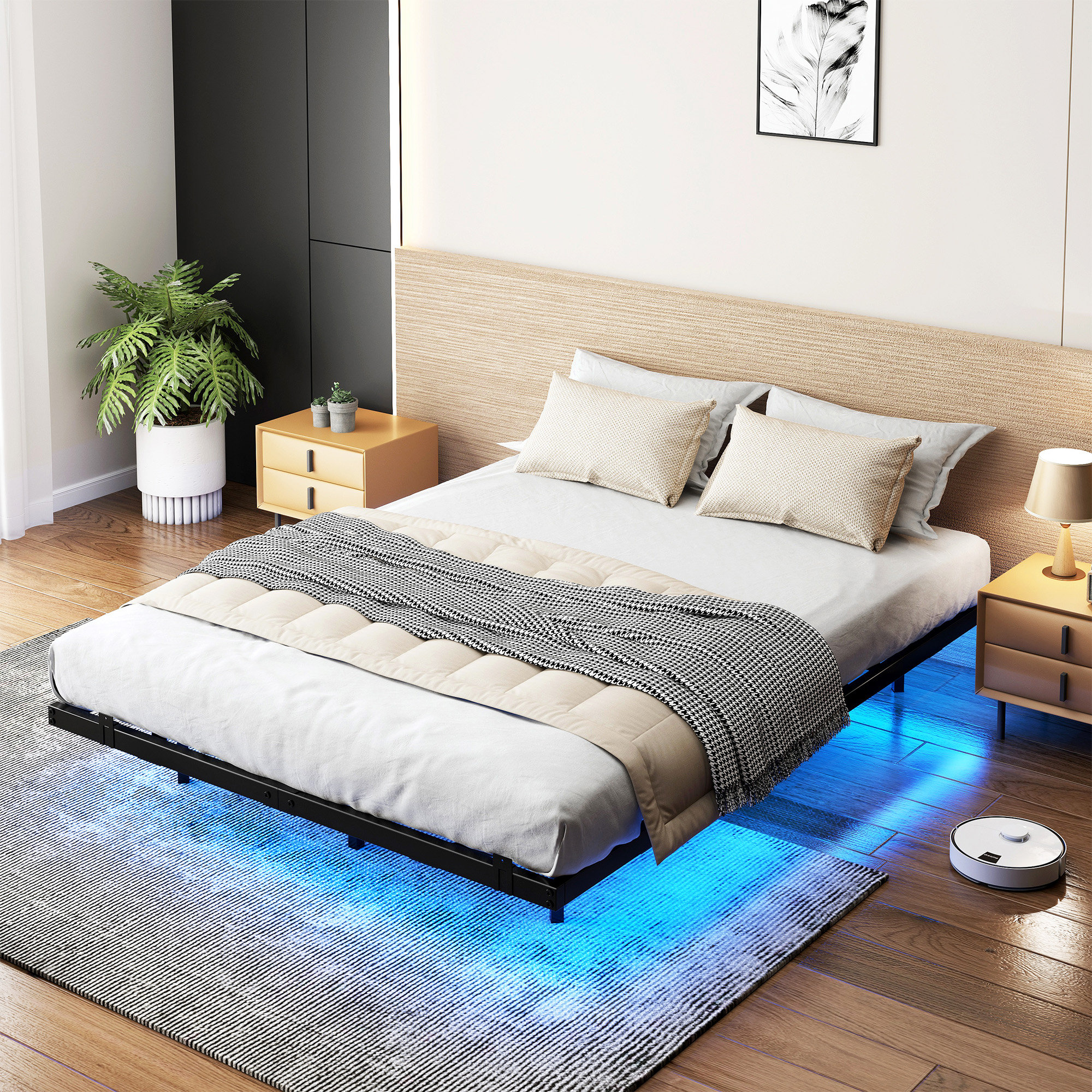 Ebern Designs Mui 9.4" Bed Frame with LED Lights, Black Metal Platform ...