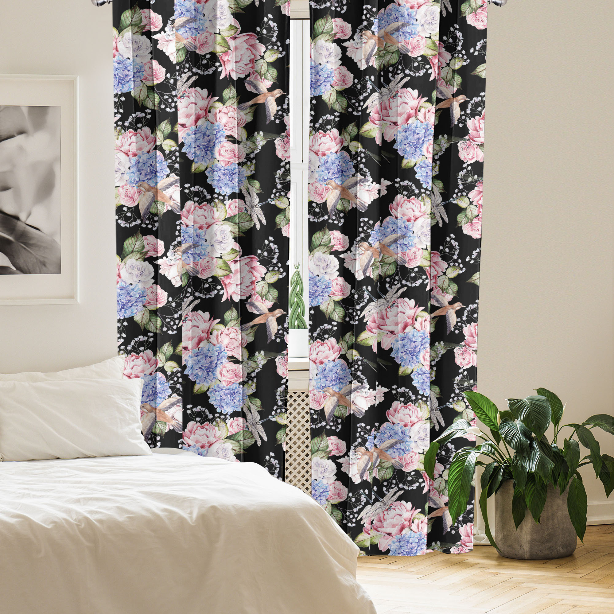 East Urban Home Floral Curtains Hydrangeas Roses Birds Art Pair 427931 ...