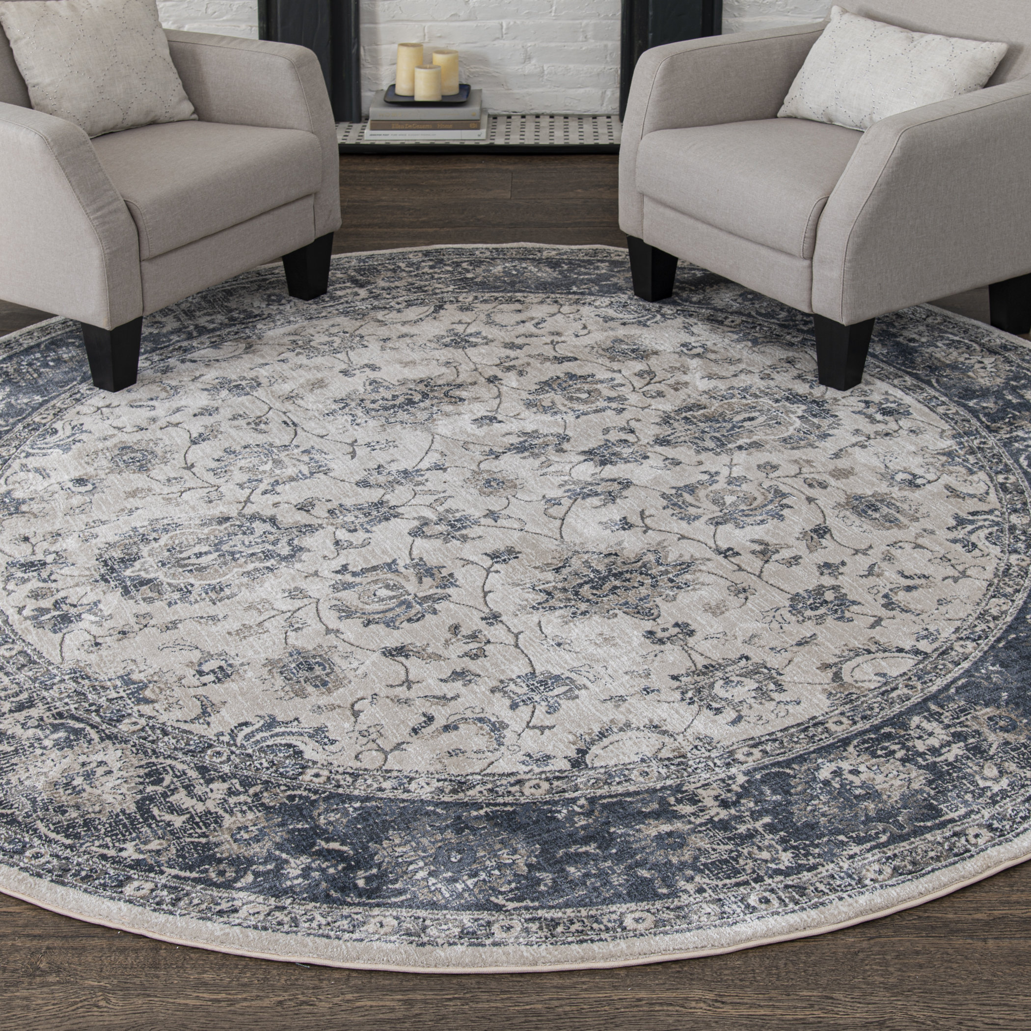 Bungalow Rose Bassler Oriel Ivory /Dark blue 7 ft. 10 in. Round ...