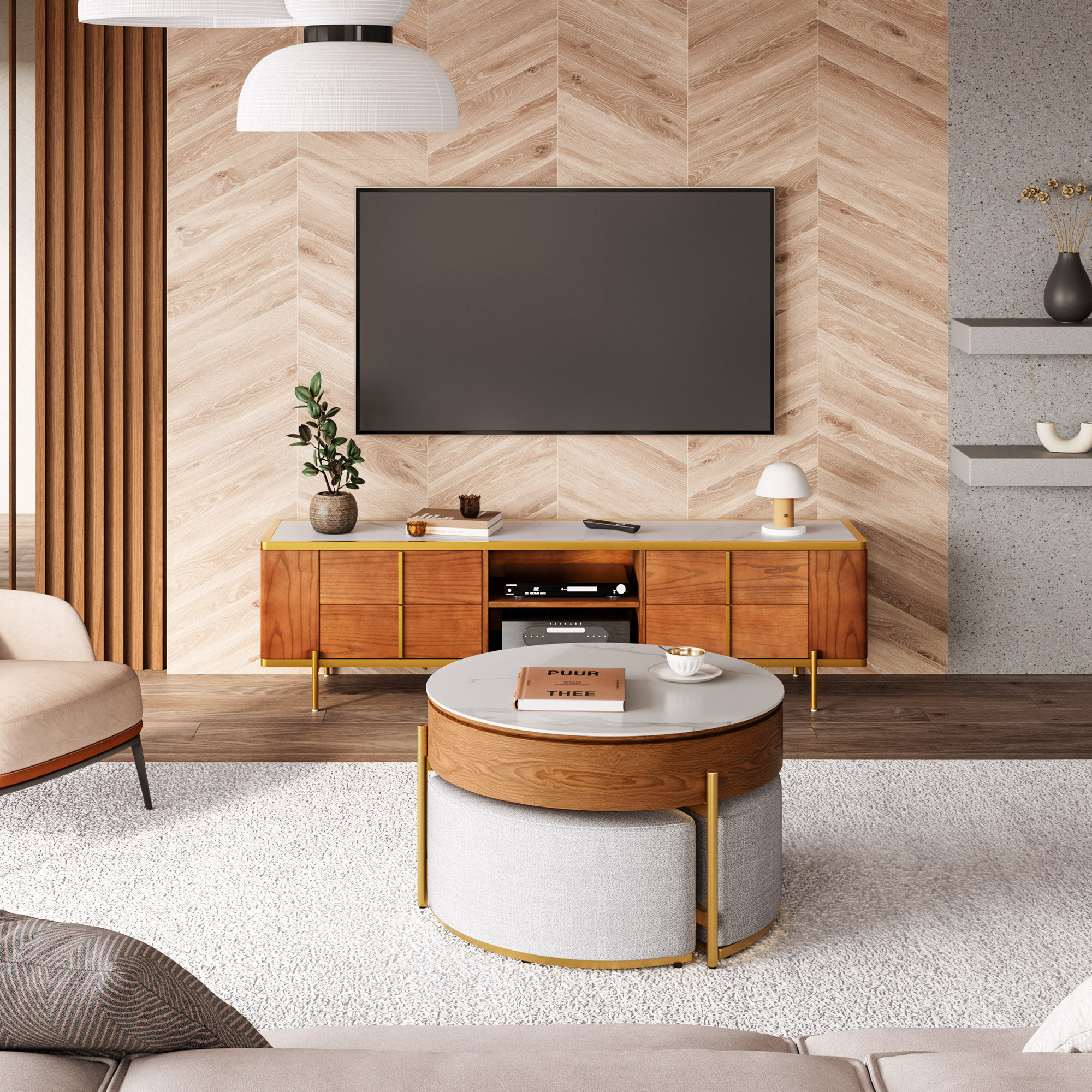 Everly Quinn Kreitman Round Faux Marble Lift-Top Coffee Table Set With ...