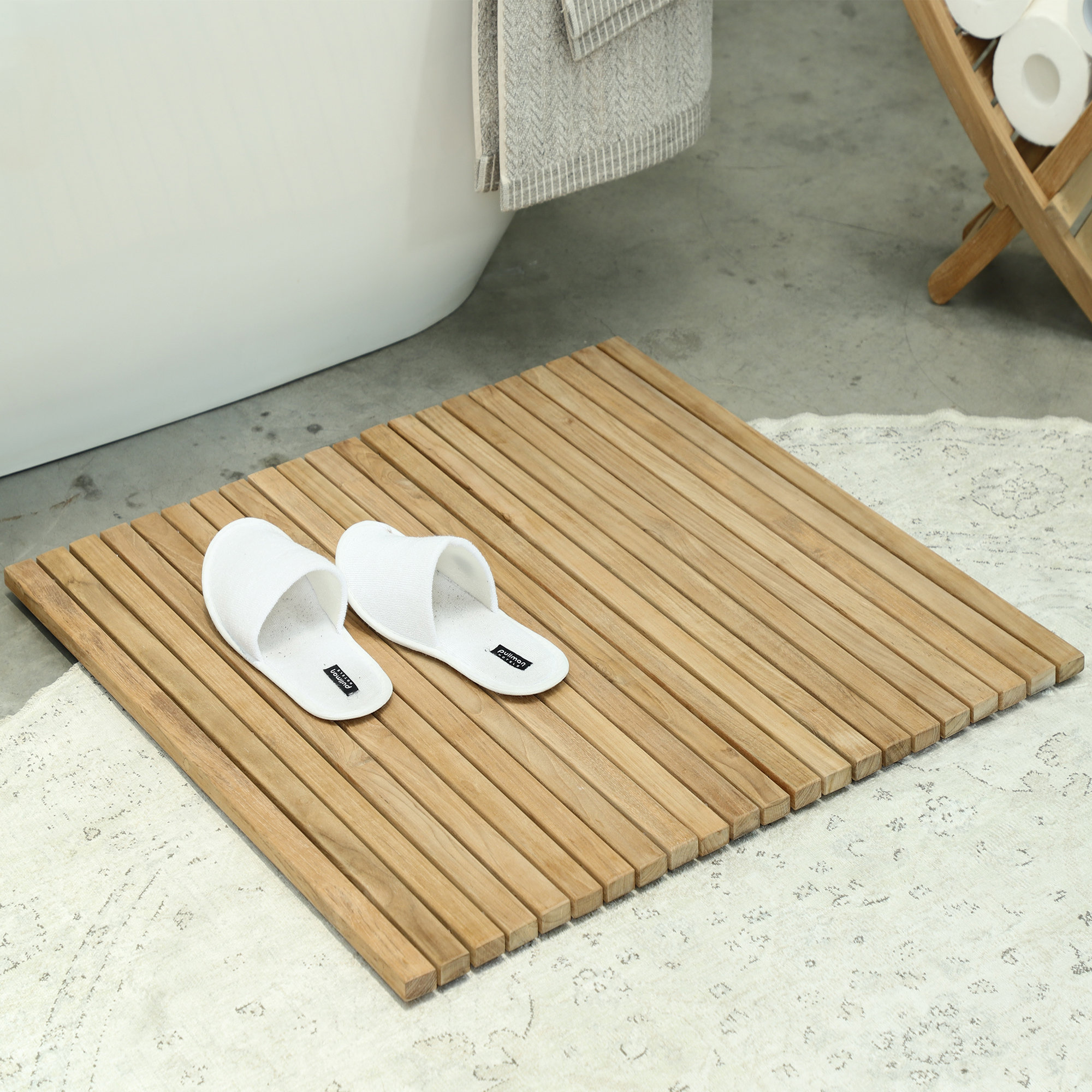 Nordic Style Teak Natural Shower And Bath String Mat With Rubber ...