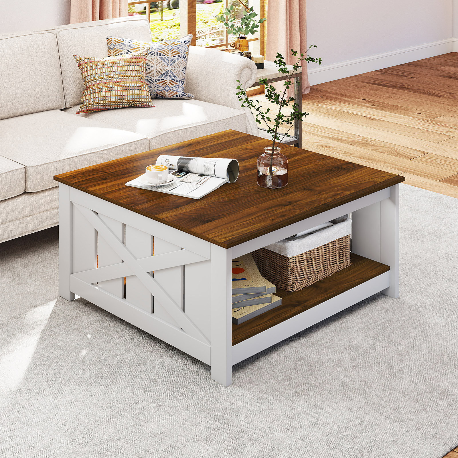 August Grove 31'' Wooden Square Coffee Table w/Storage Shelf Open ...