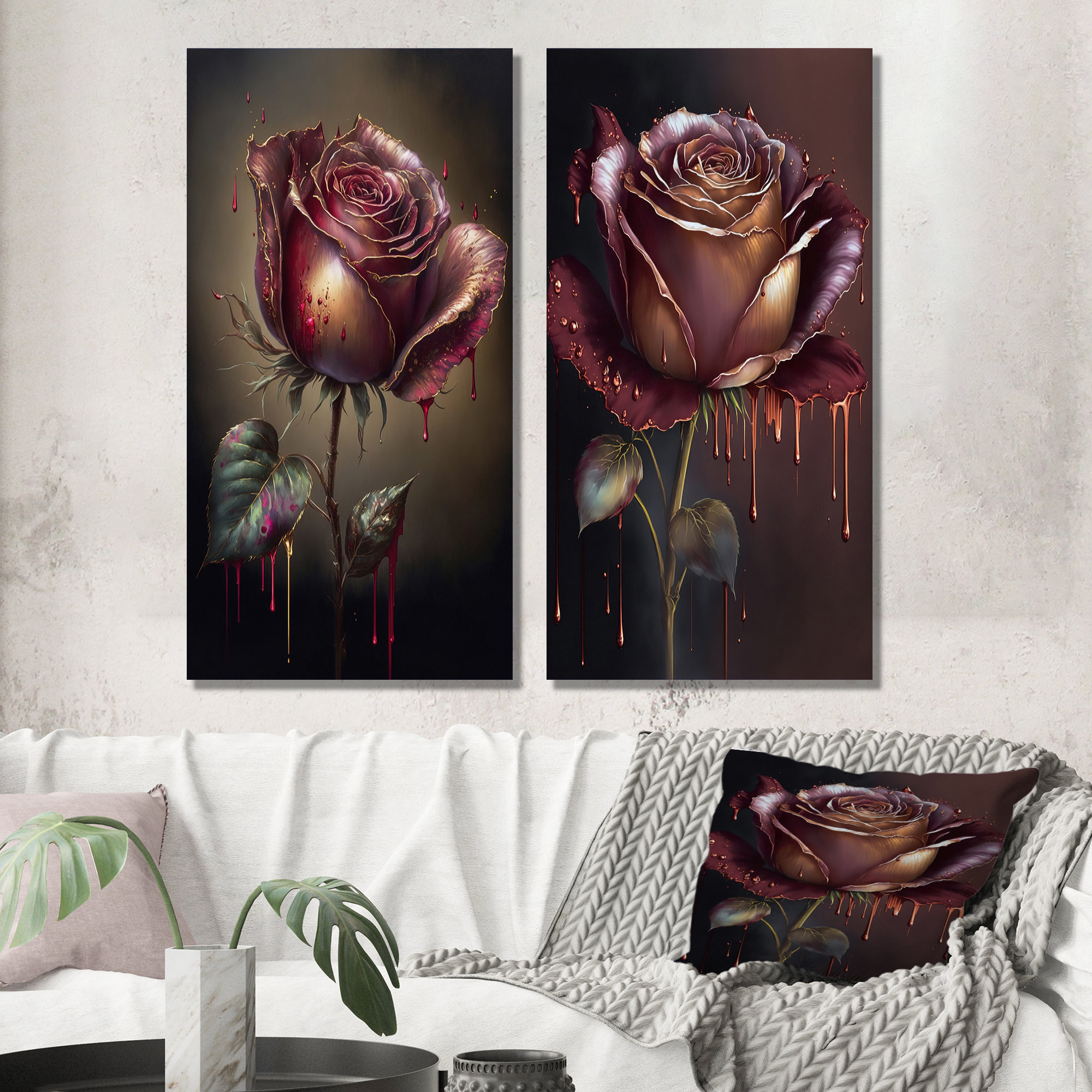 Latitude Run® " Red Paint Drip Rose " 2 - Pieces on Canvas | Wayfair