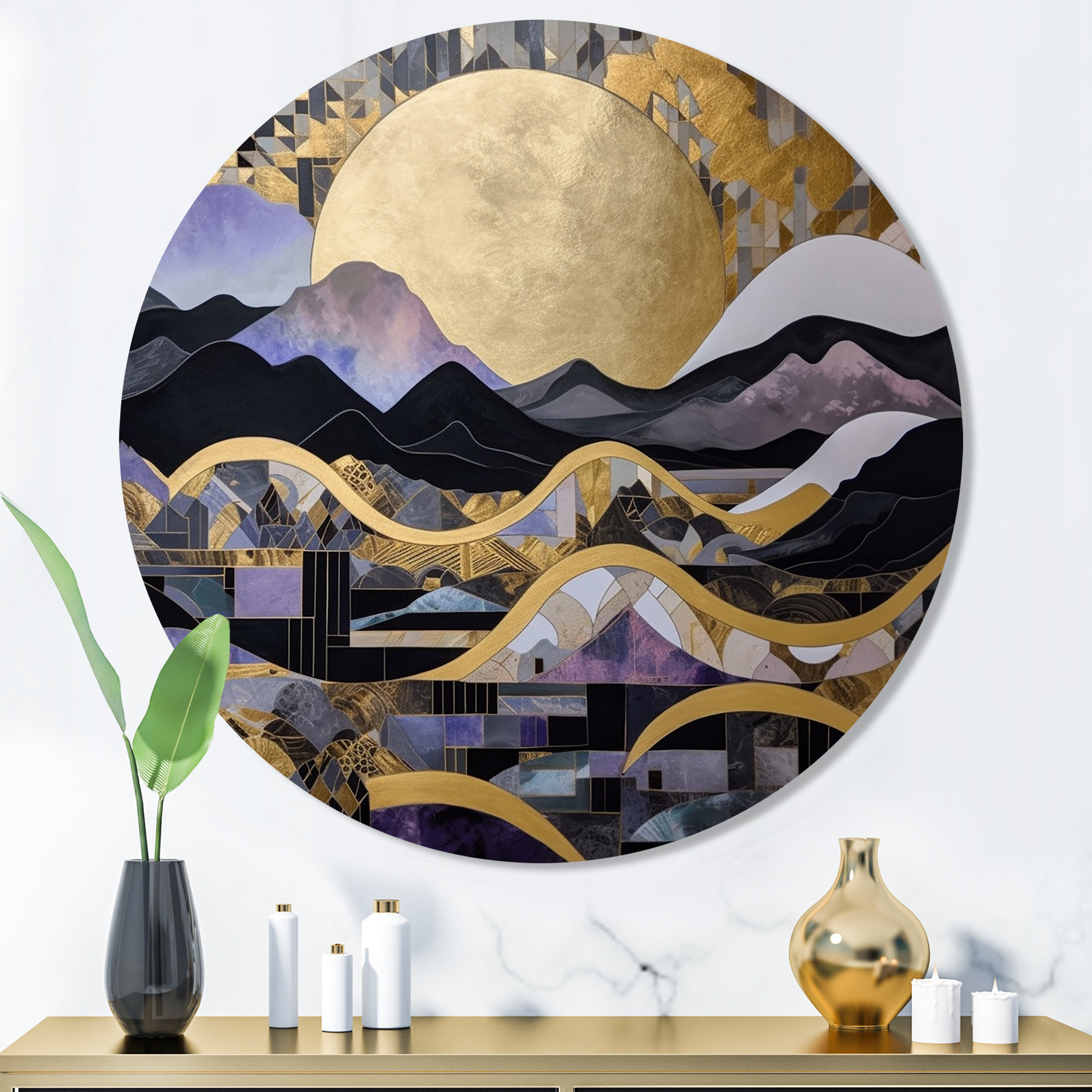 Mercer41 Jibriel Golden Rising Moon I - Landscape Modern Round Metal ...