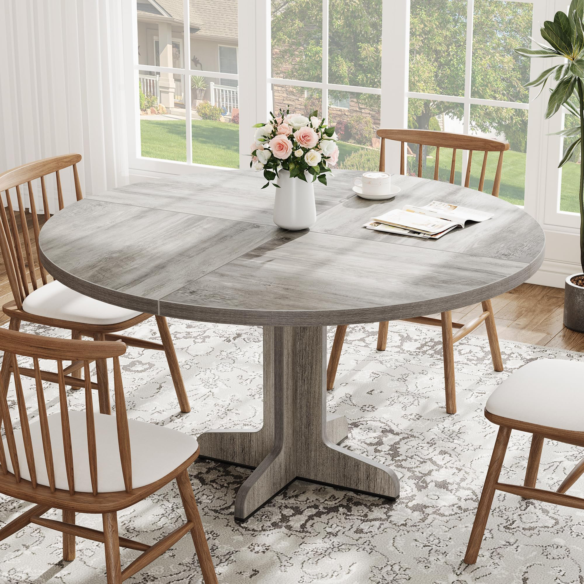 Yuan Home Round Dining Table For 4, 47 Inch Farmhouse Kitchen Table ...
