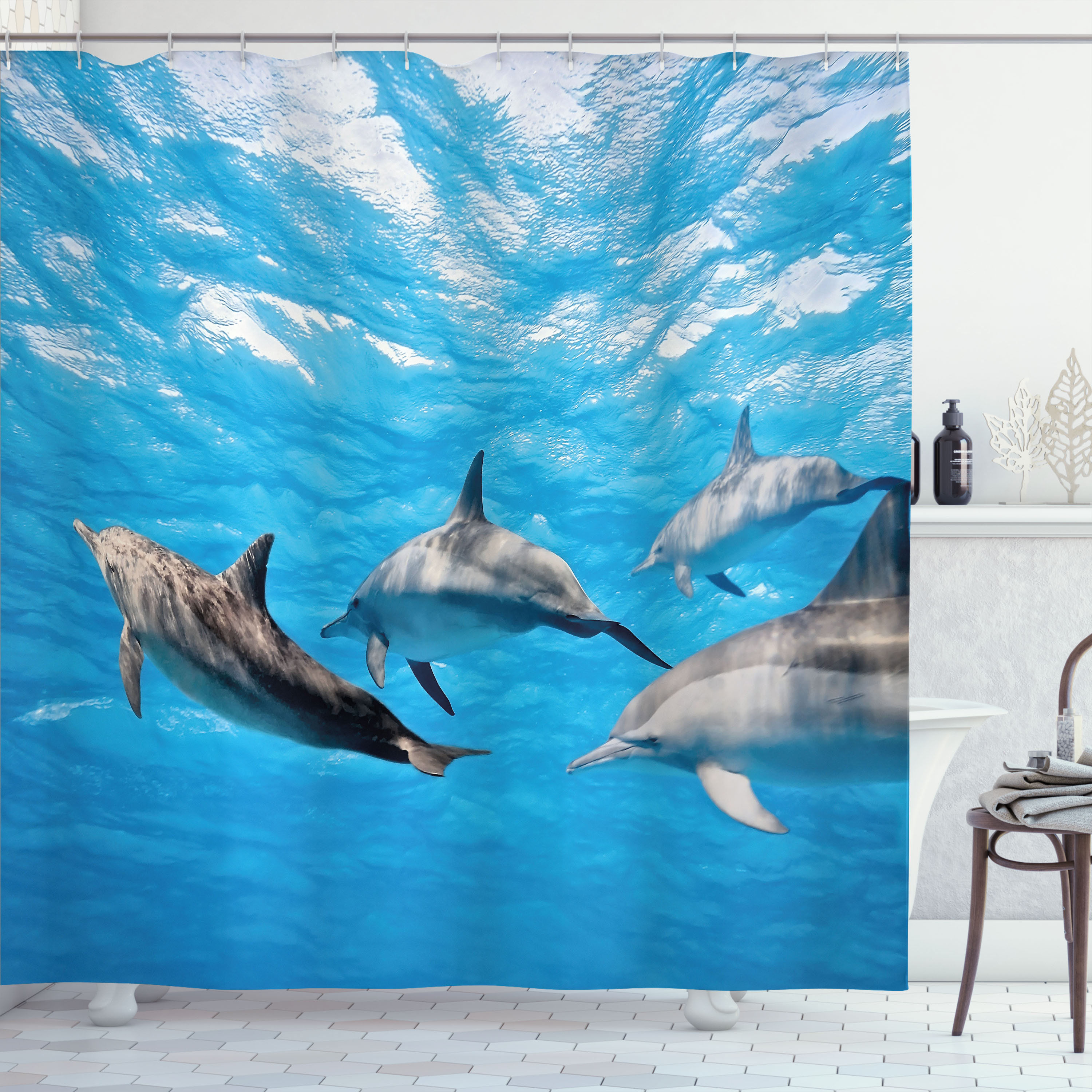 East Urban Home Dolphin Shower Curtain Happily Swimming Fish Blue Grey ...