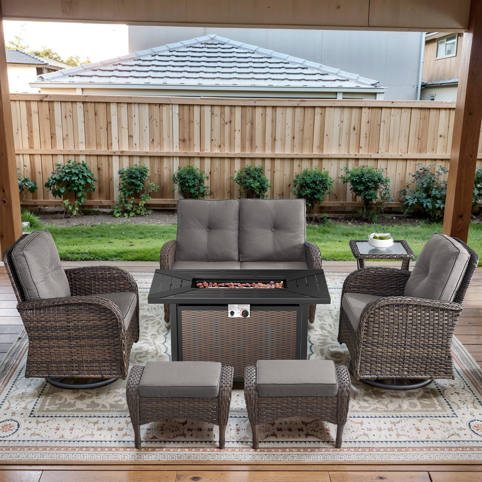 Winston Porter Aluel 7-Pieces Outdoor Patio Wicker Seating Group With Swivel & Rocking Chairs ...