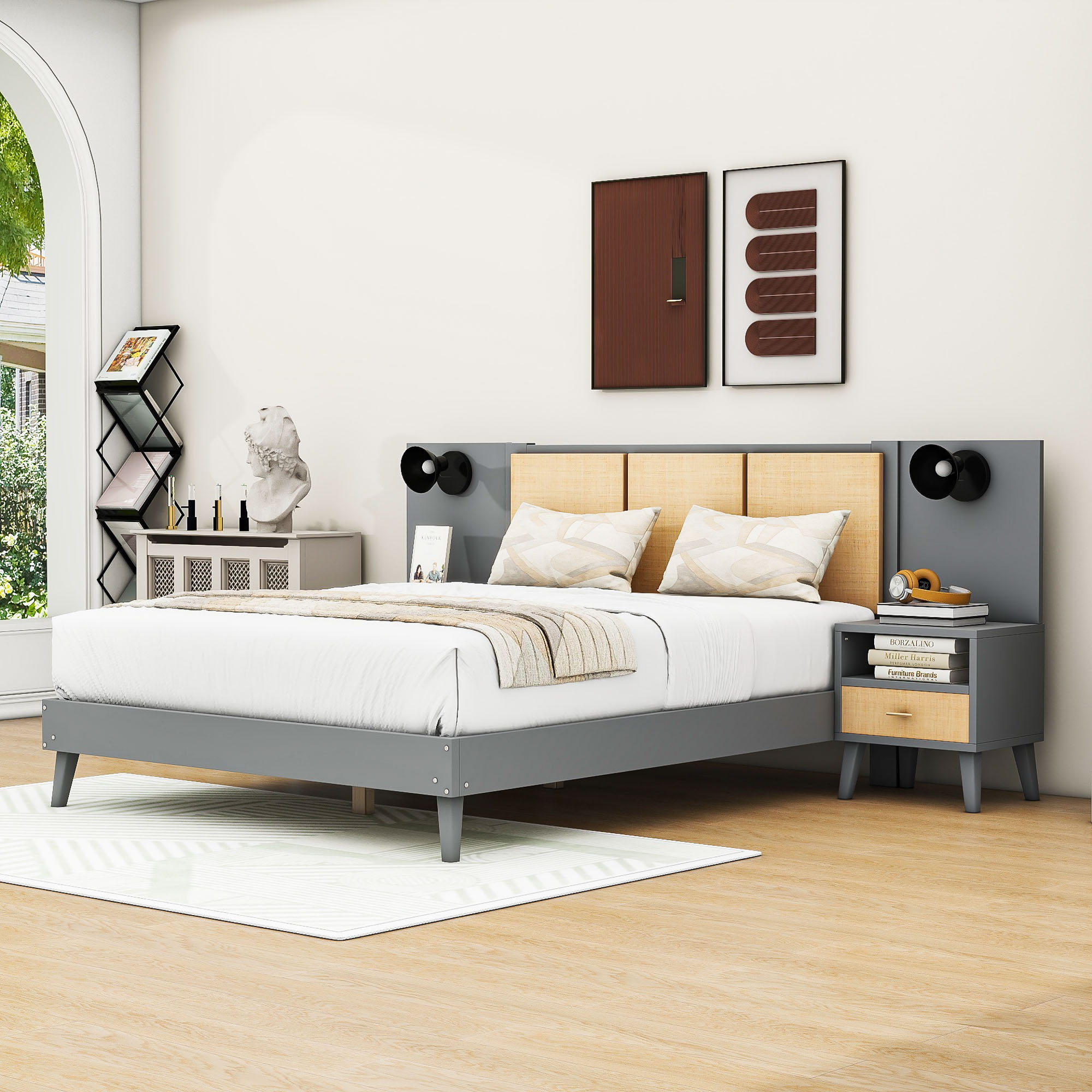Bay Isle Home™ Bivona Queen Bed Frame with Nightstands, Lamps, and ...